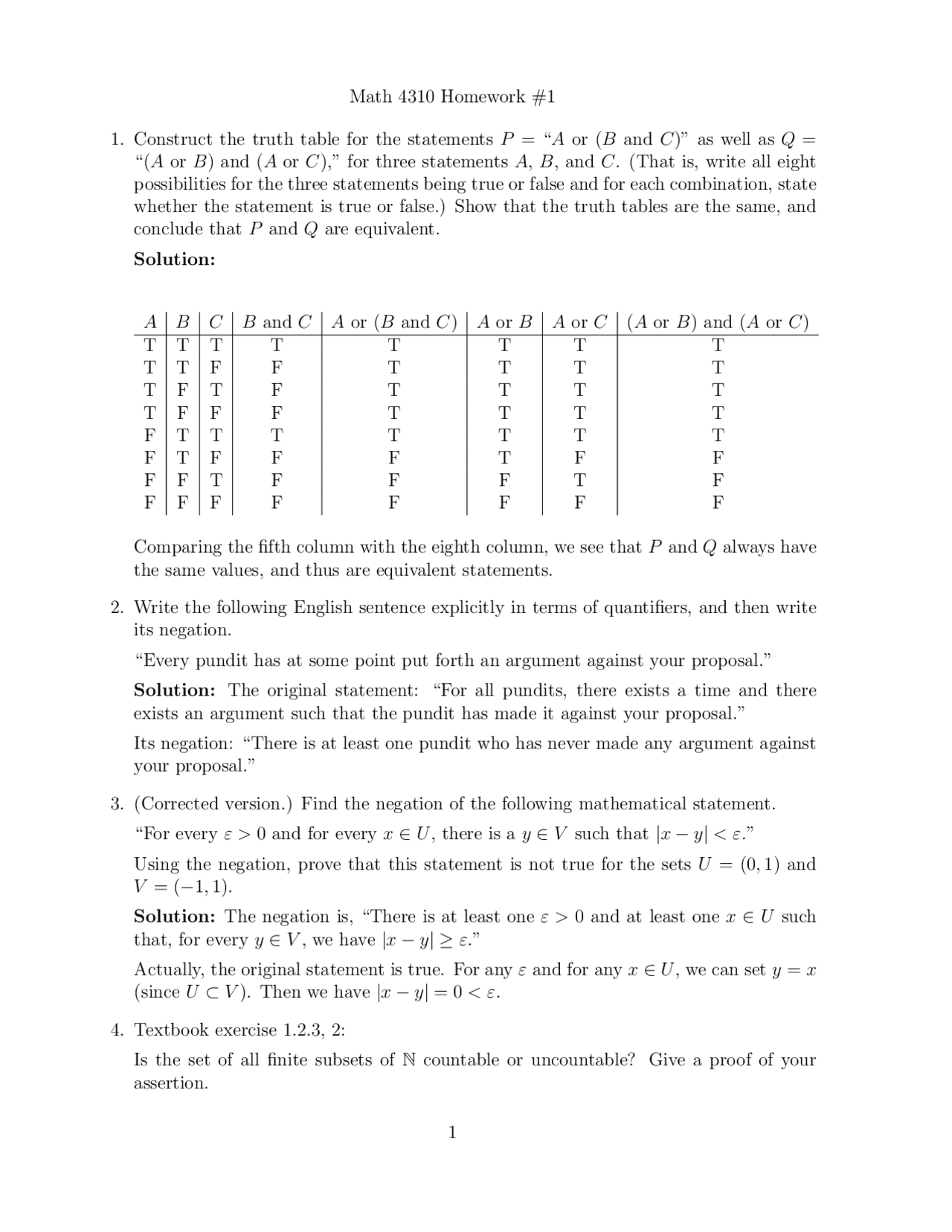 Introduction To Analysis Resolution To Homework 1 Math 4310 Docsity