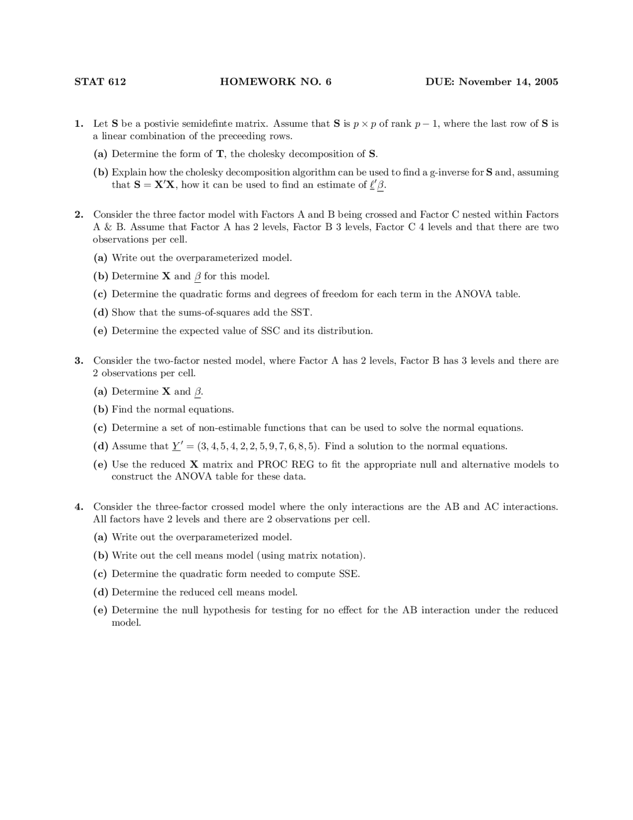 Homework 6 Theory Of Linear Models Stat 612 Docsity