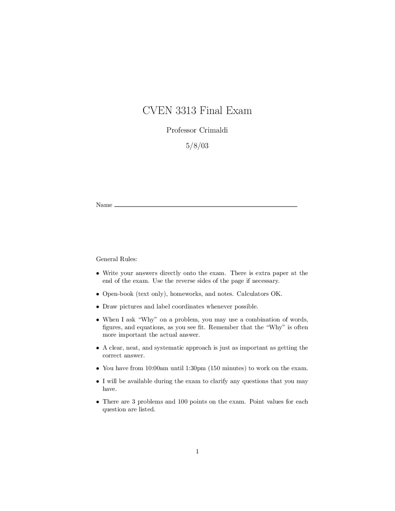 Theoretical Fluid Mechanics - Final Exam 2003 | CVEN 3313 - Docsity