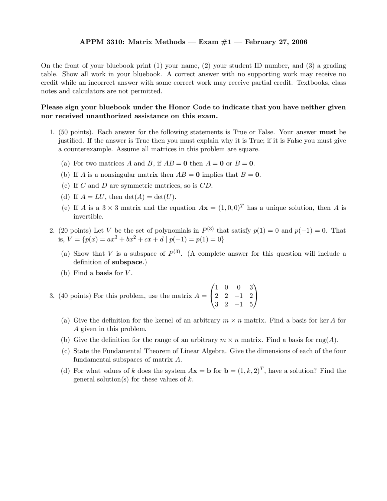 Matrix Methods Exam 1, Feb 2006: Solutions for T/F, Subspaces, Kernel, Range, and Theorem ...