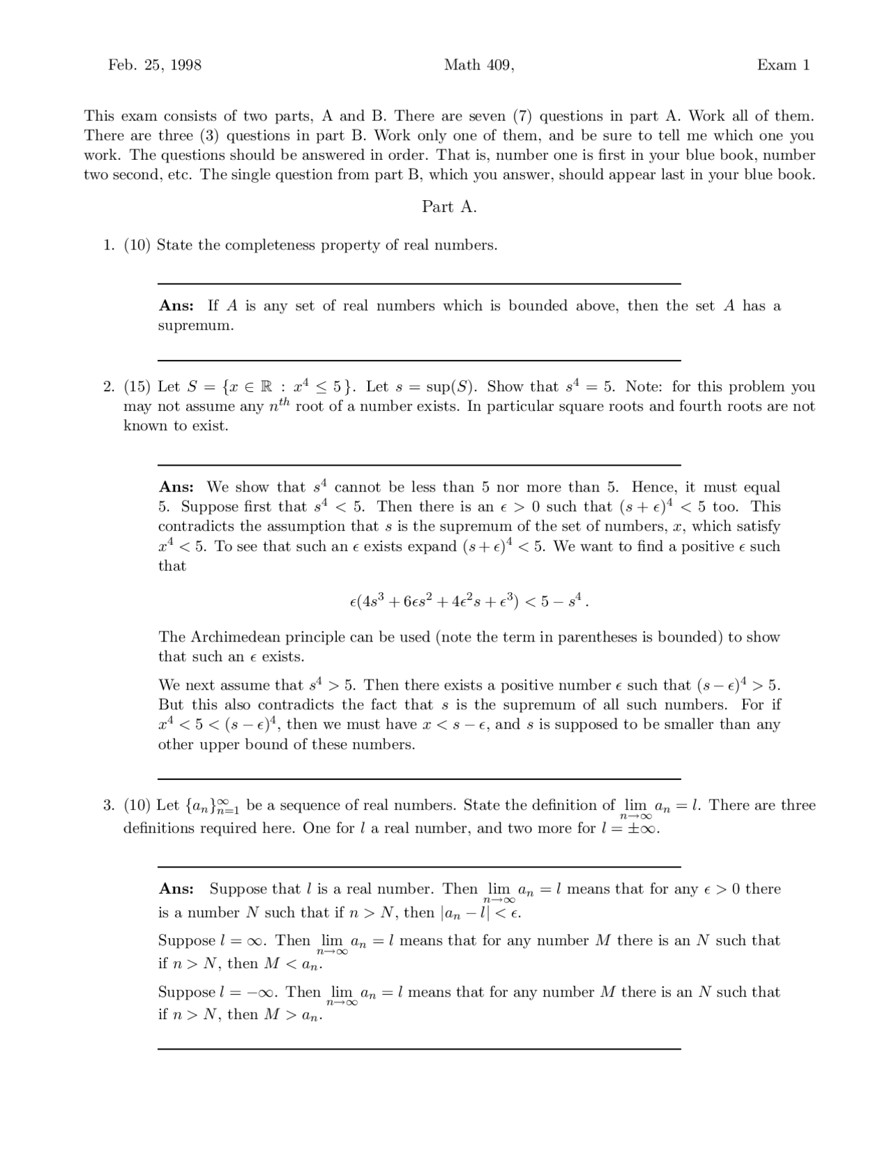 10 Questions With Answer Advanced Calculus I Exam 1 Math 409