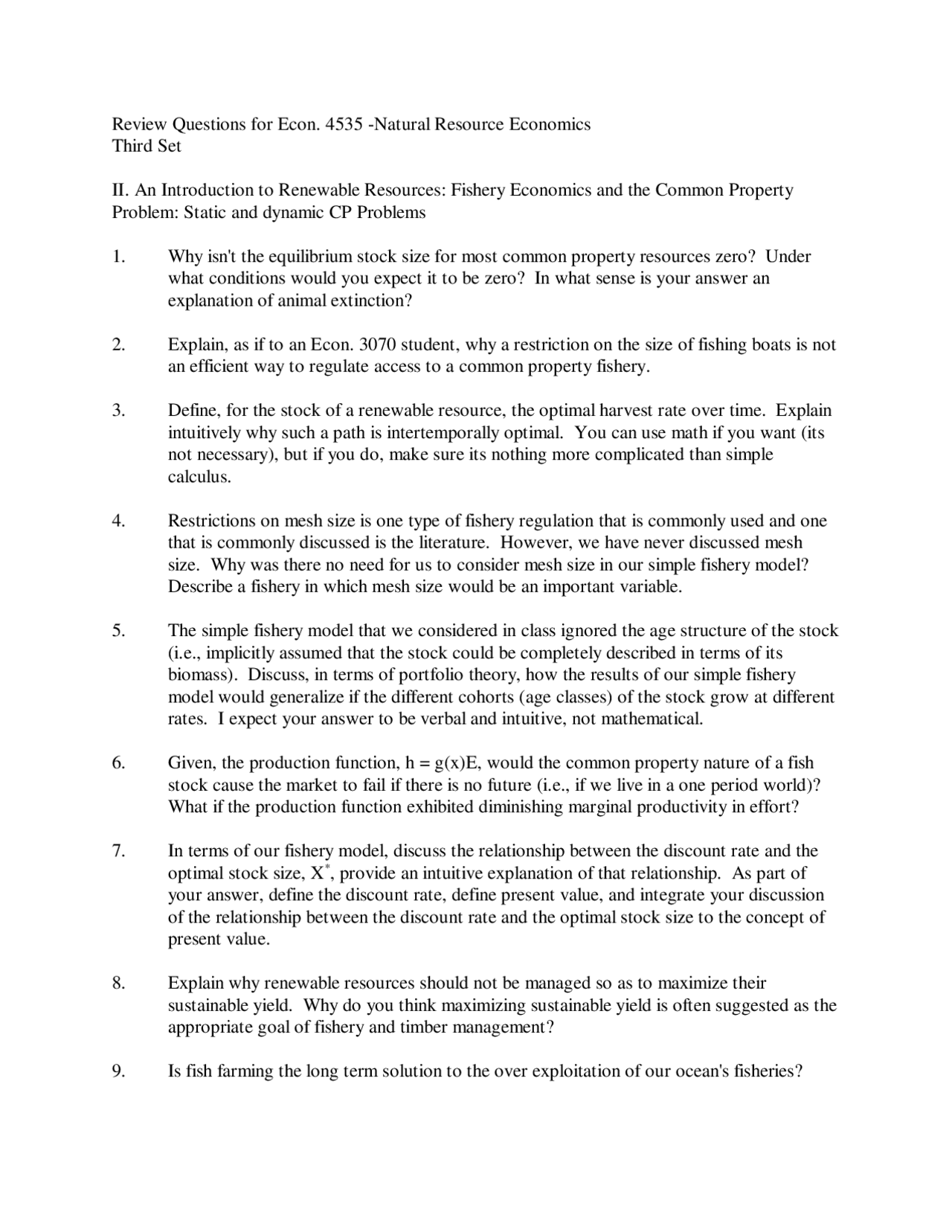 Review Questions On Natural Resource Economics Econ 4535 Docsity