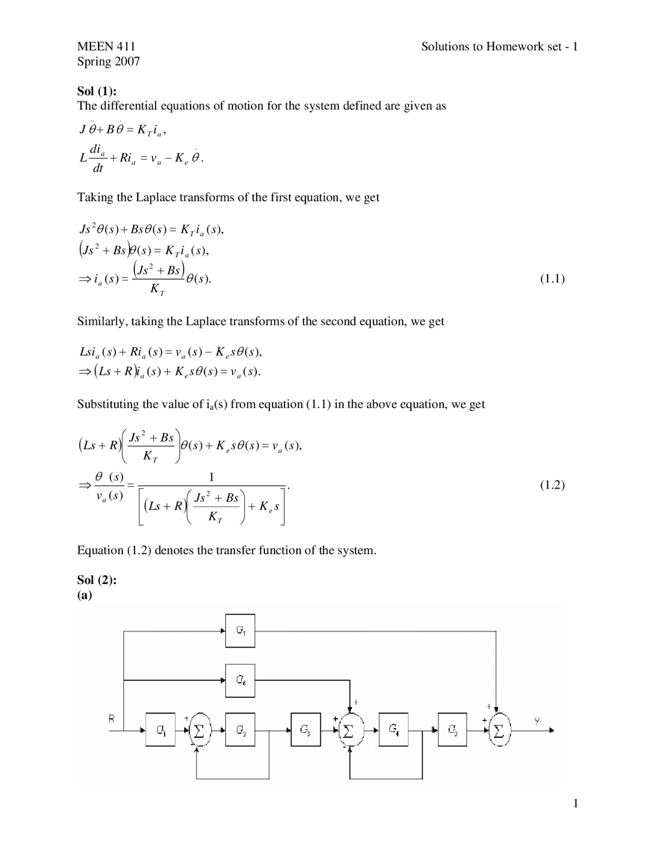 Solutions to Homework Set 1 | Mechanical Controls | MEEN 411 - Docsity
