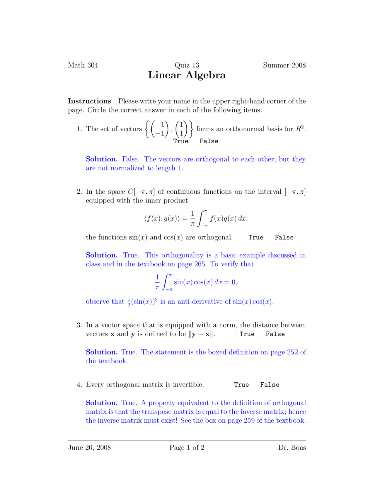 5 Solved Questions For Quiz 13 Linear Algebra Math 304 Docsity