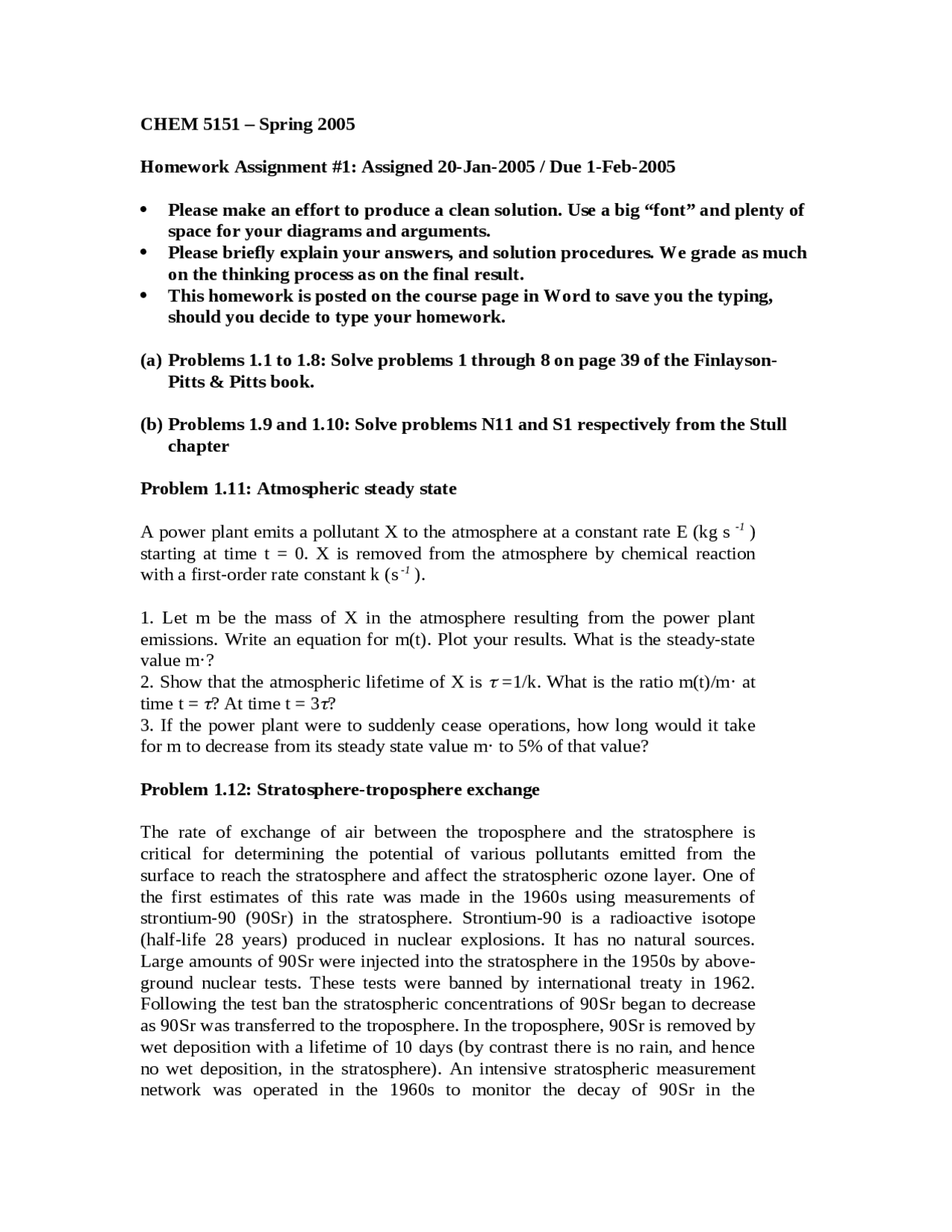 Atmospheric Chemistry Homework Assignment 1 Questions Chem 5151