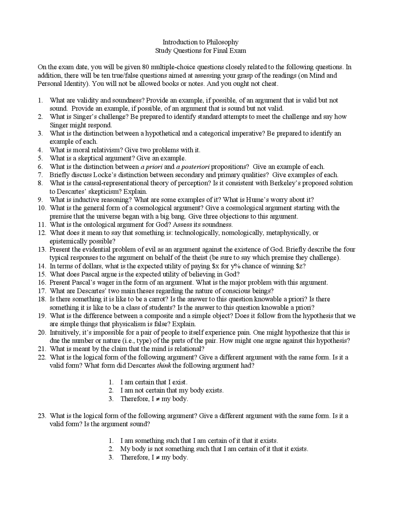 Study Questions for Final Exam - Introduction to Philosophy | PHIL 1000 ...