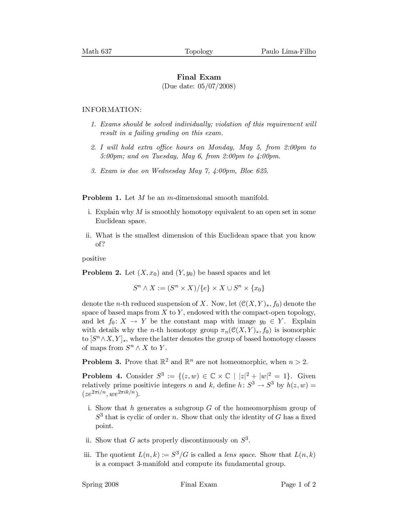 10 Problems Of Topology Ii Final Examination Math 637 Docsity