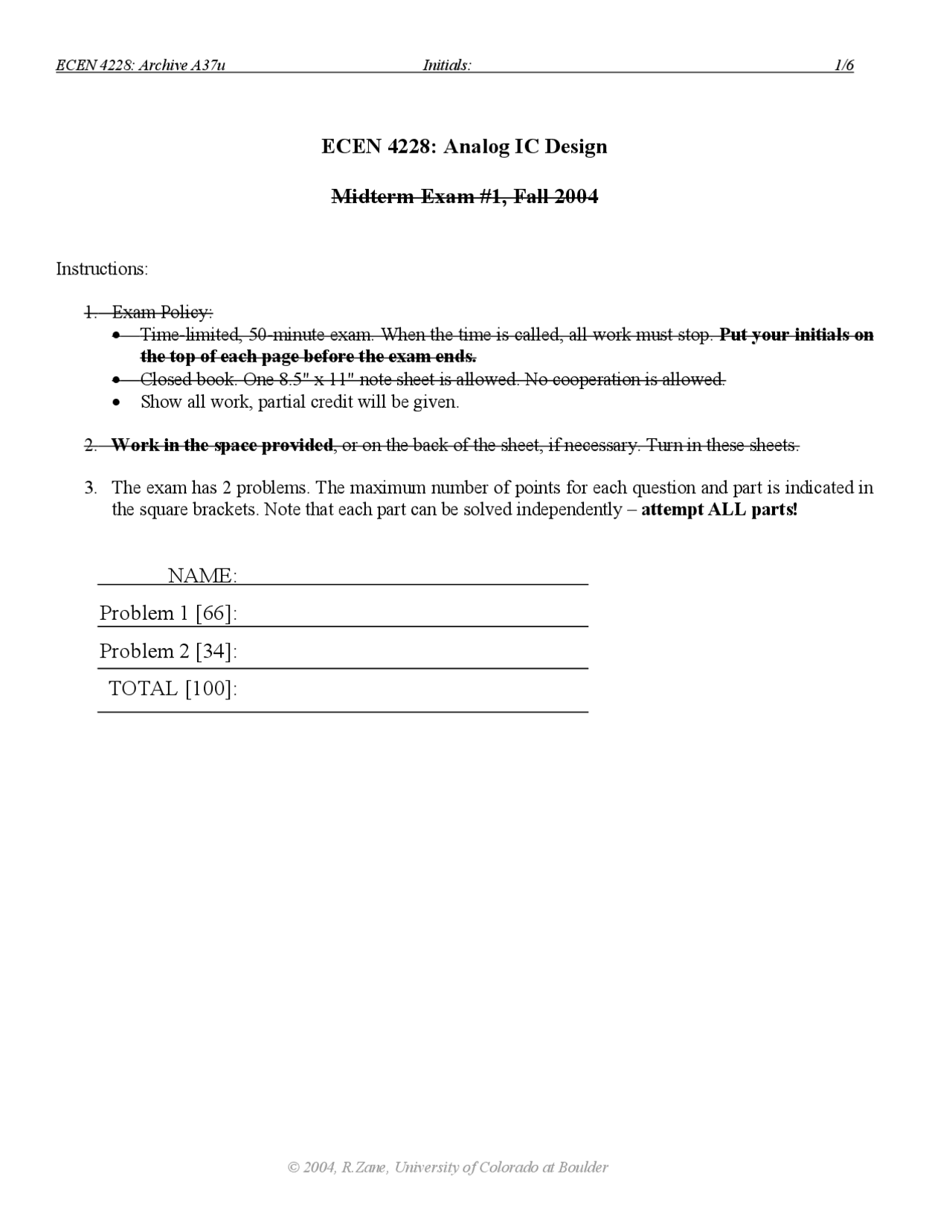 Midterm Exam 1 For Analog Ic Design Ecen 4827 Docsity