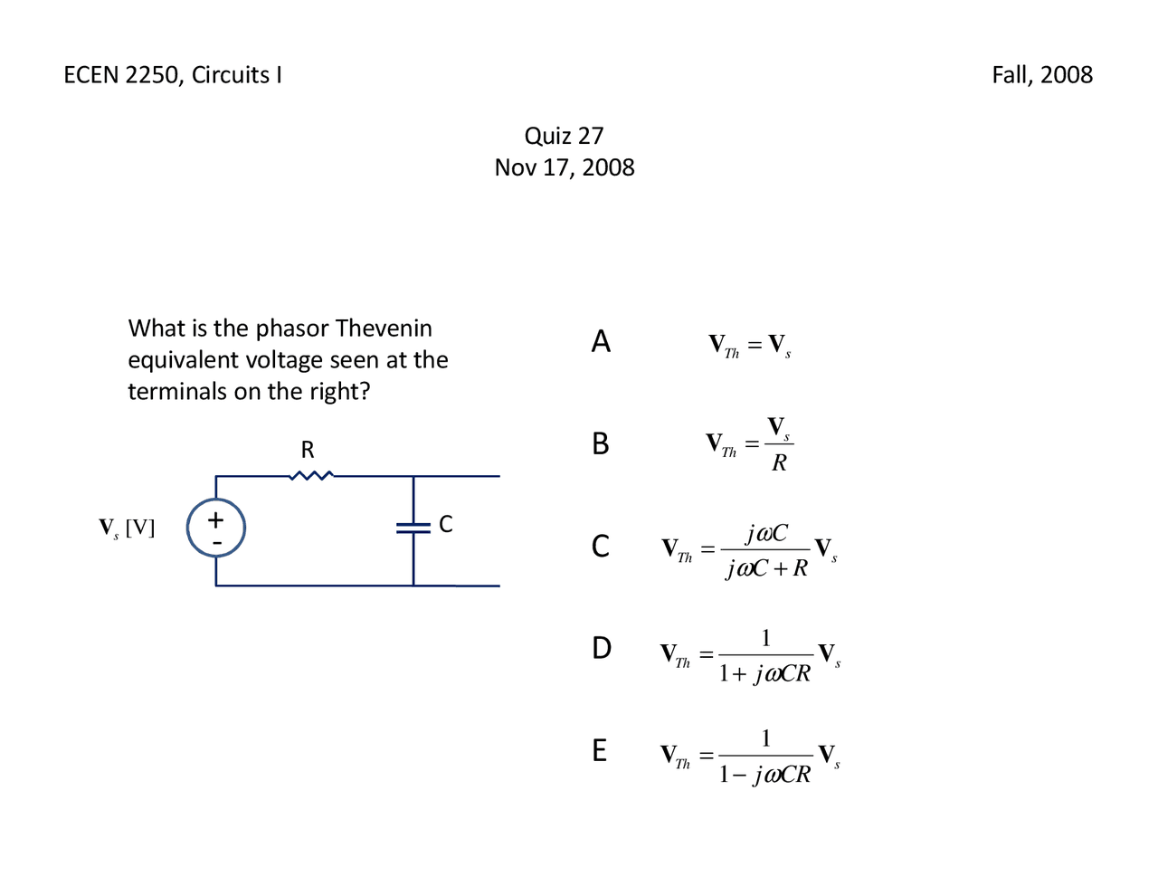Quiz 27 - Phasor Thevenin and Voltage Thevenin | ECEN 2250 - Docsity