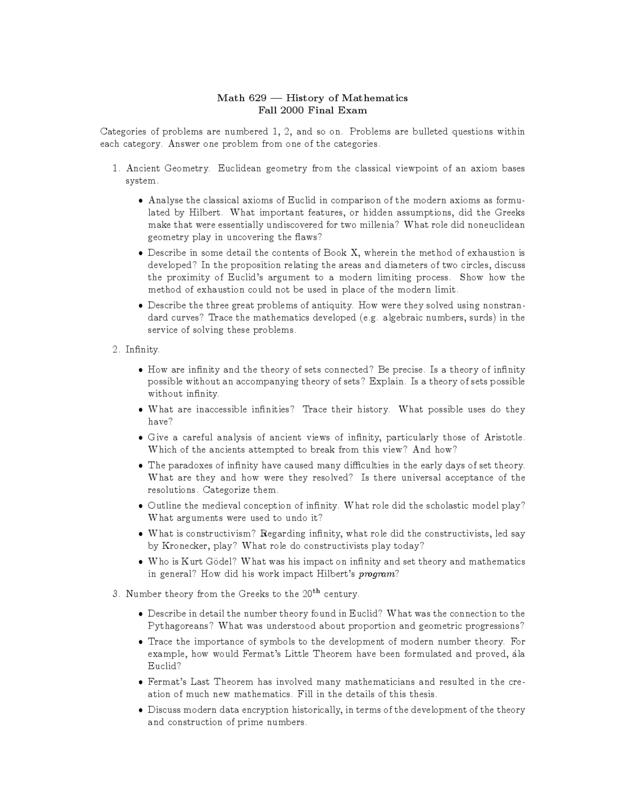 Final Exam History Of Mathematics Fall 2000 Math 629 Exams