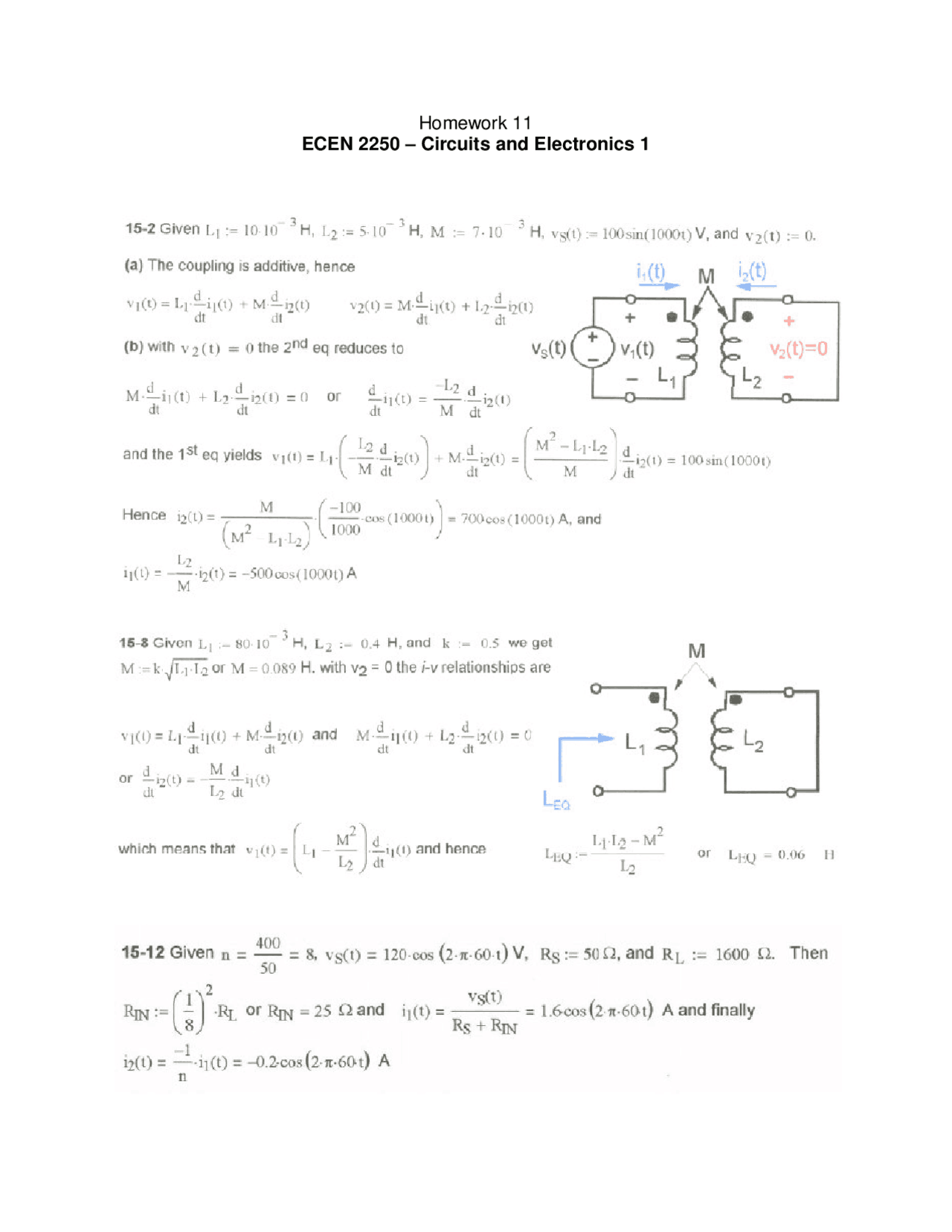 Homework 11 Questions On Circuits And Electronics 1 Ecen 2250 Docsity