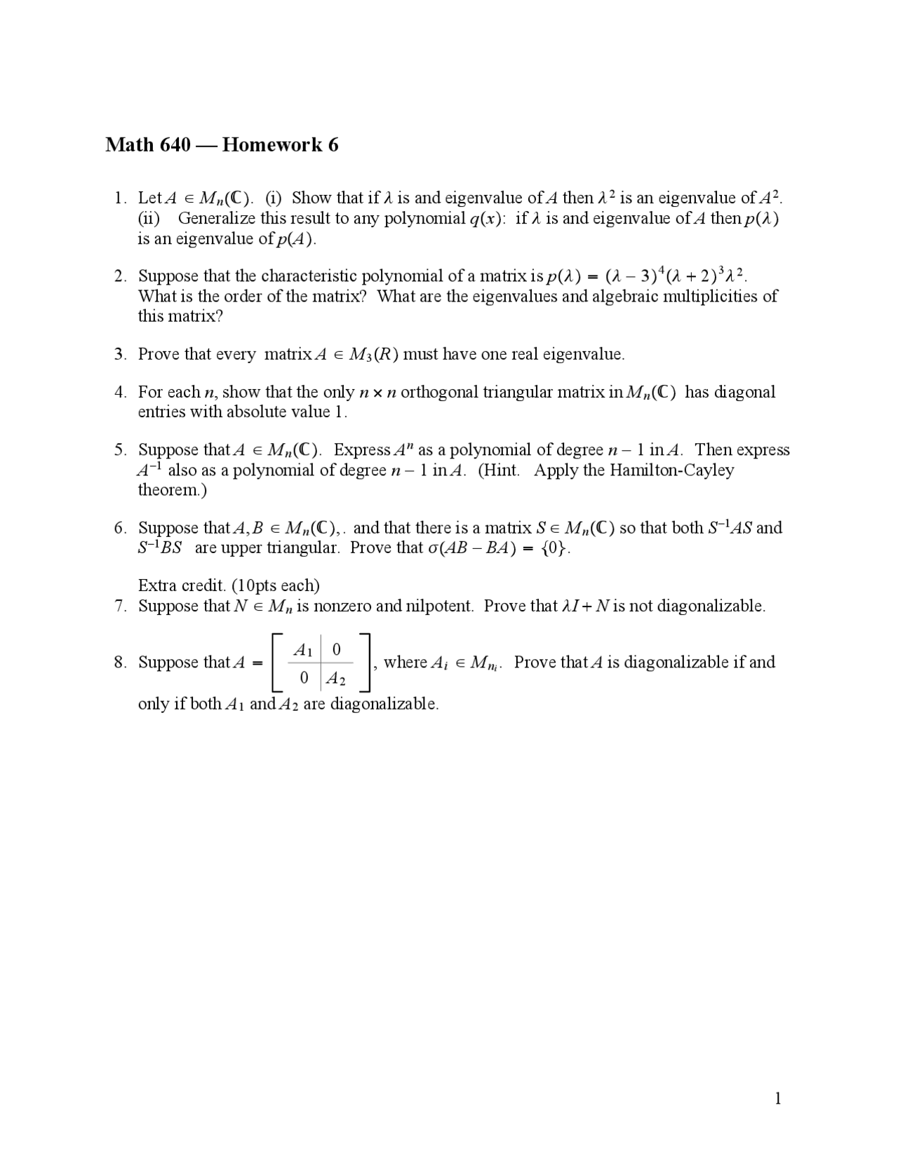 Homework 6 Linear Algebra For Applications Math 640 Docsity