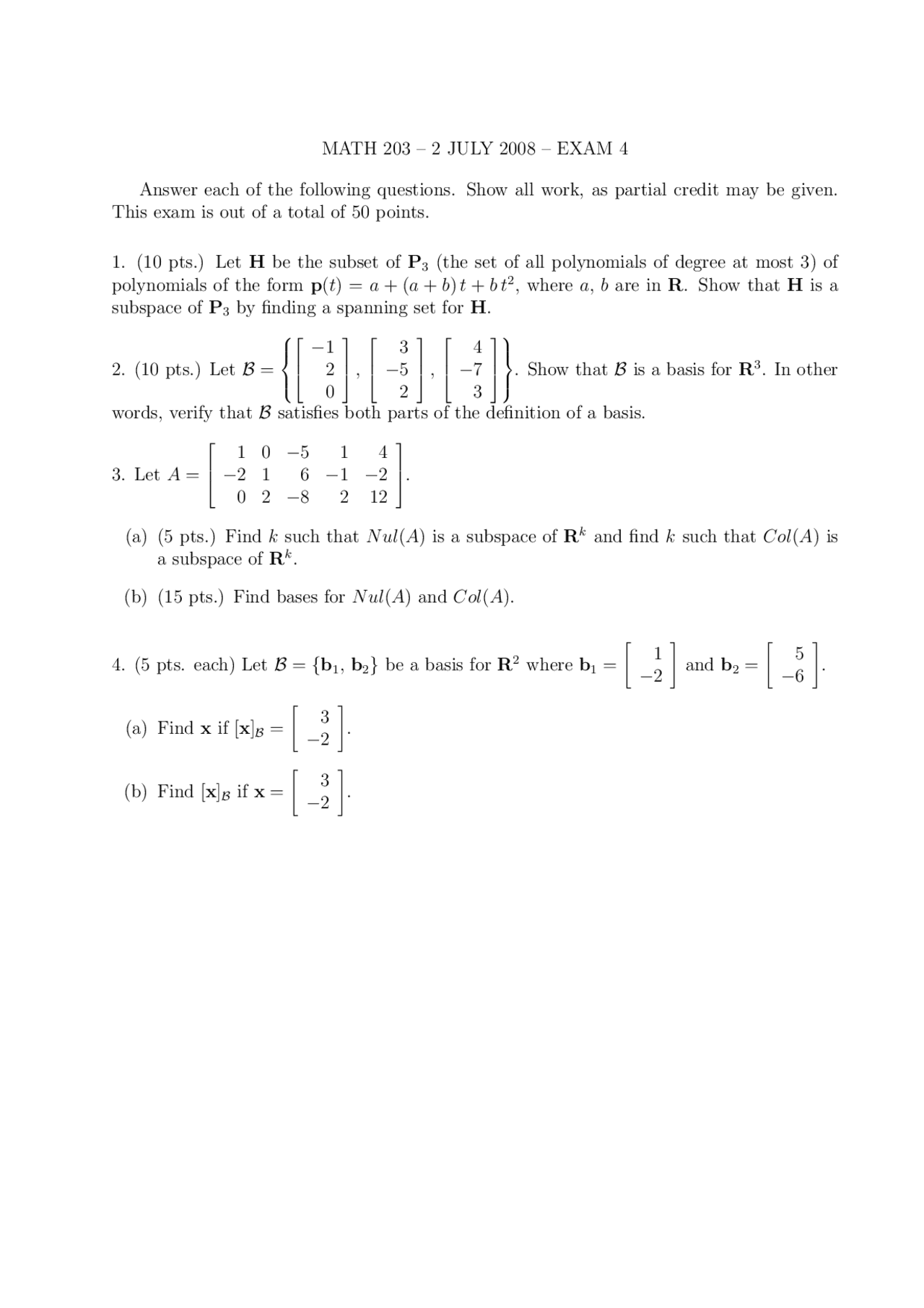 4 Questions on Linear Algebra - Exam 4 | MATH 203 | Exams Linear Algebra | Docsity