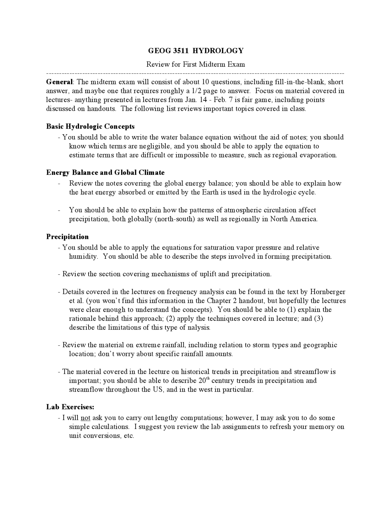 First Midterm Exam Review Introduction To Hydrology Geog 3511 Docsity