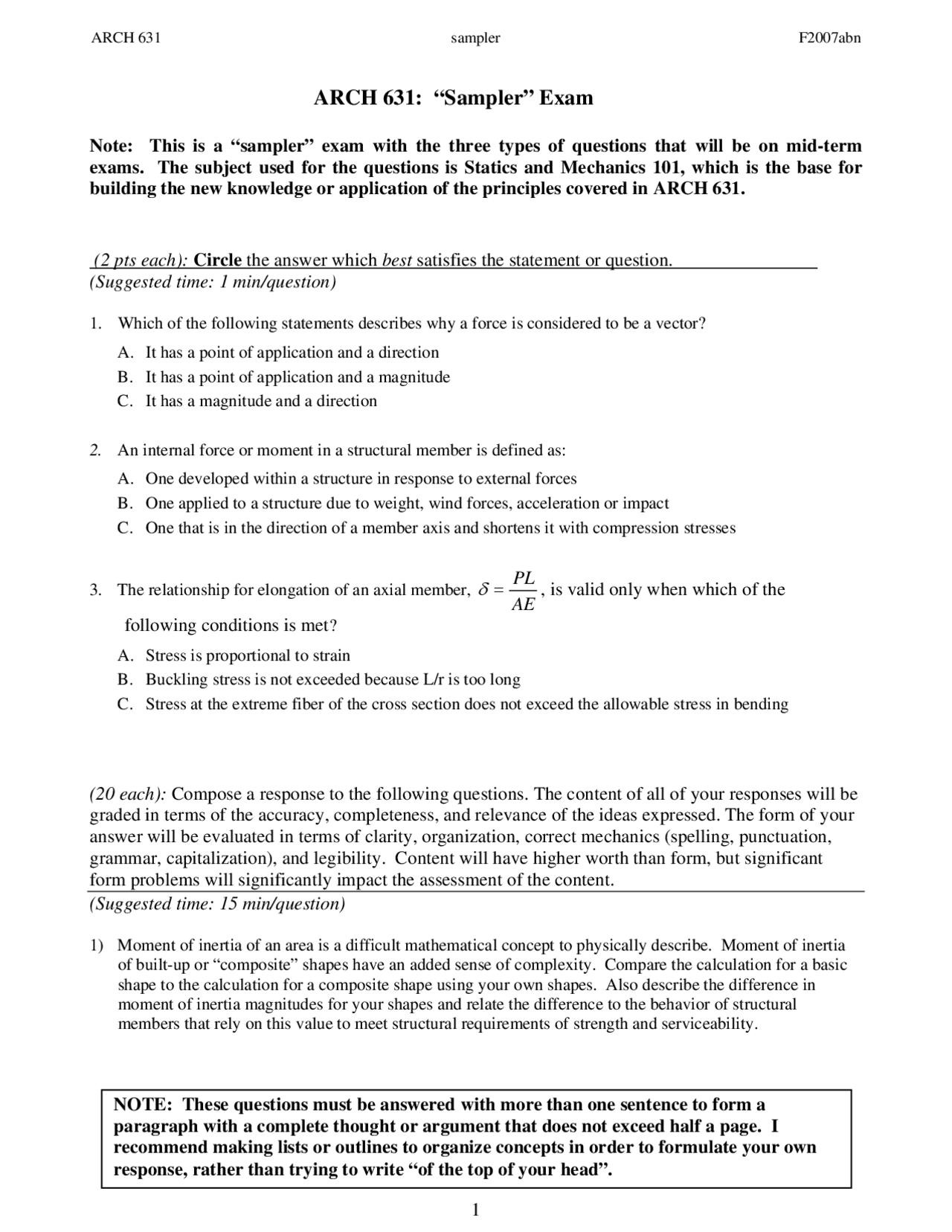 Sampler Exam Applied Architectural Structures Arch 631 Docsity