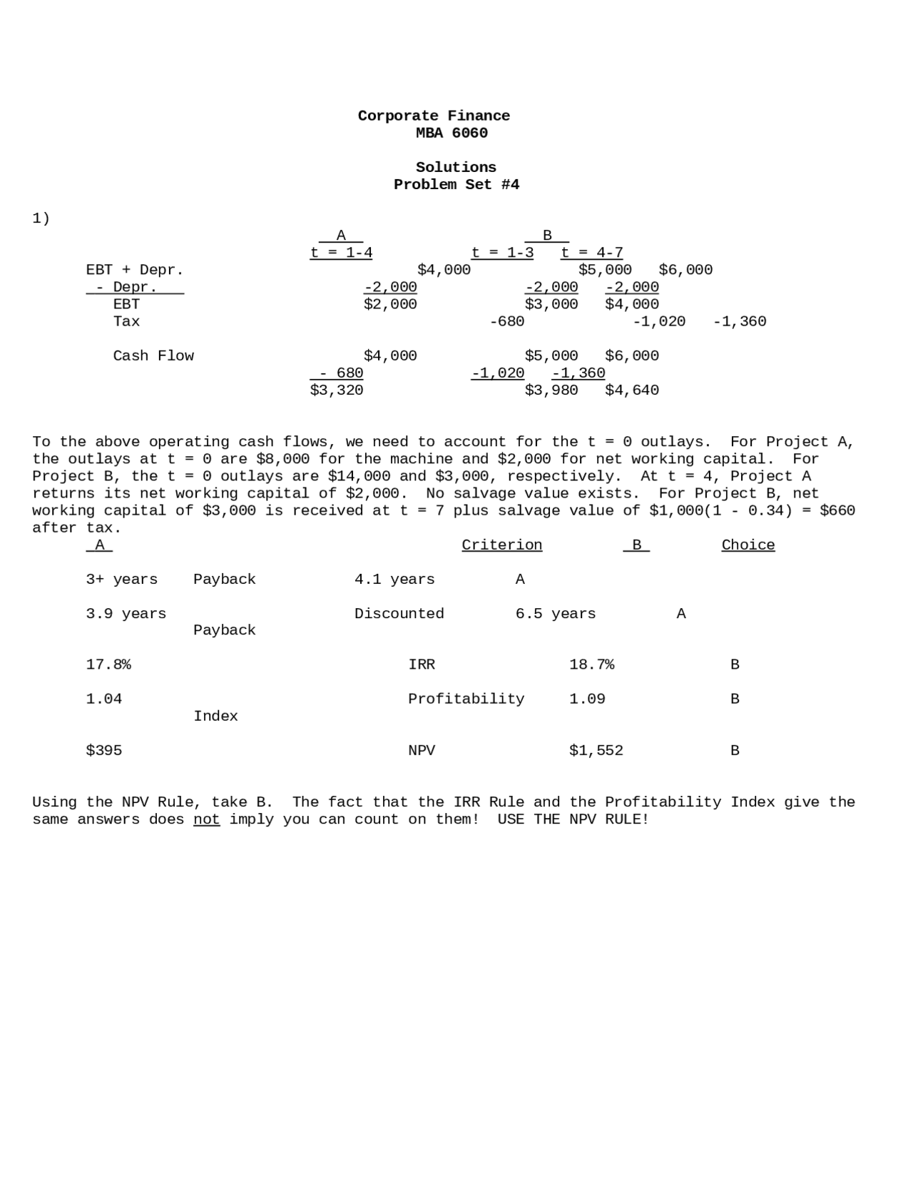 Problem Set 4 With Solutions Corporate Finance Mbac 6060 Docsity