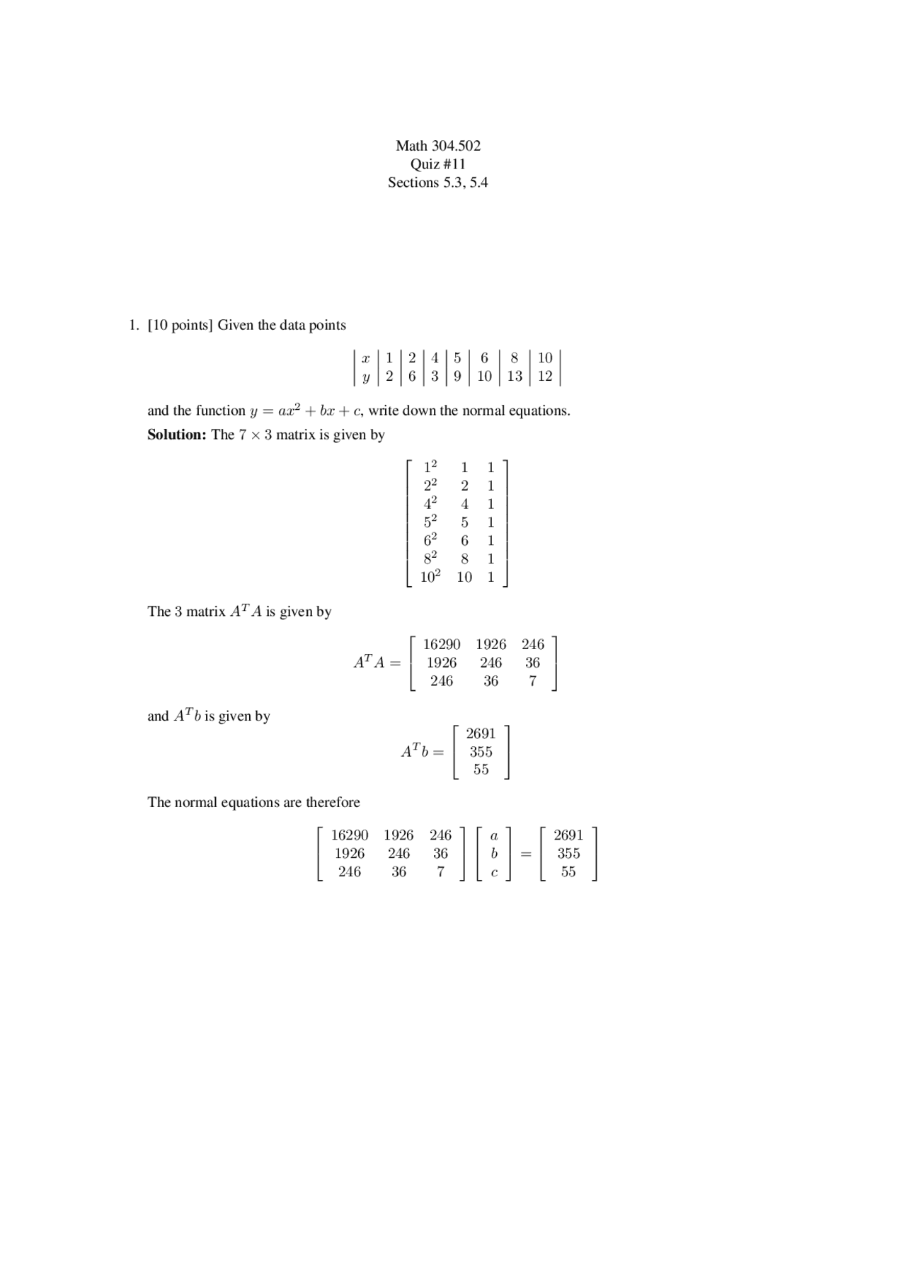 2 Questions With Solutions Linear Algebra Quiz 11 Math 304 Docsity