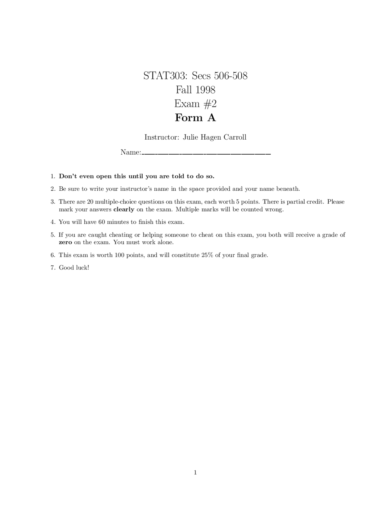 Exam 2 Form A Fall 1998 Statistical Methods Stat 303 Docsity