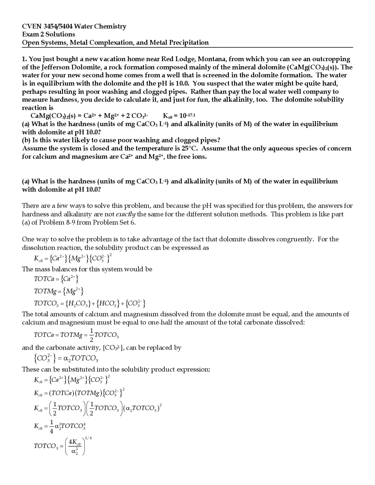 Water Chemistry Exam 2 Solutions Cven 3454 Docsity