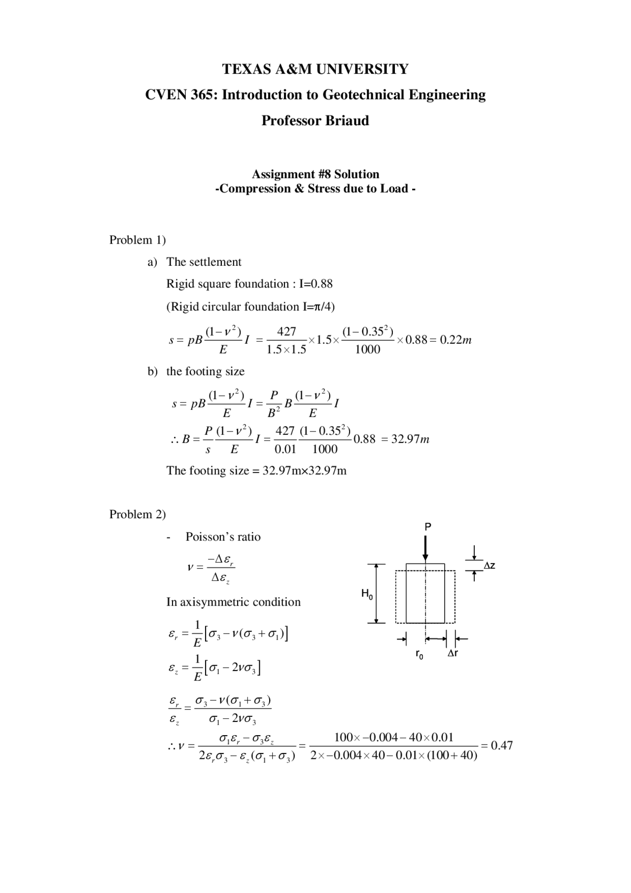 Compression And Stress Due To Load Assignment 8 Solutions Cven 365