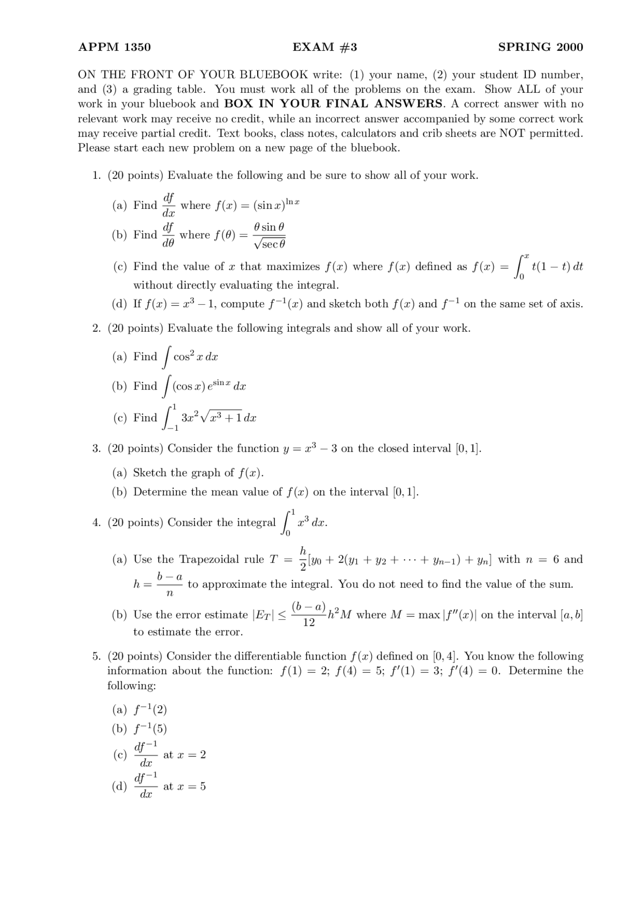 Calculus 1 For Engineers Exam 3 Problems Appm 1350 Docsity