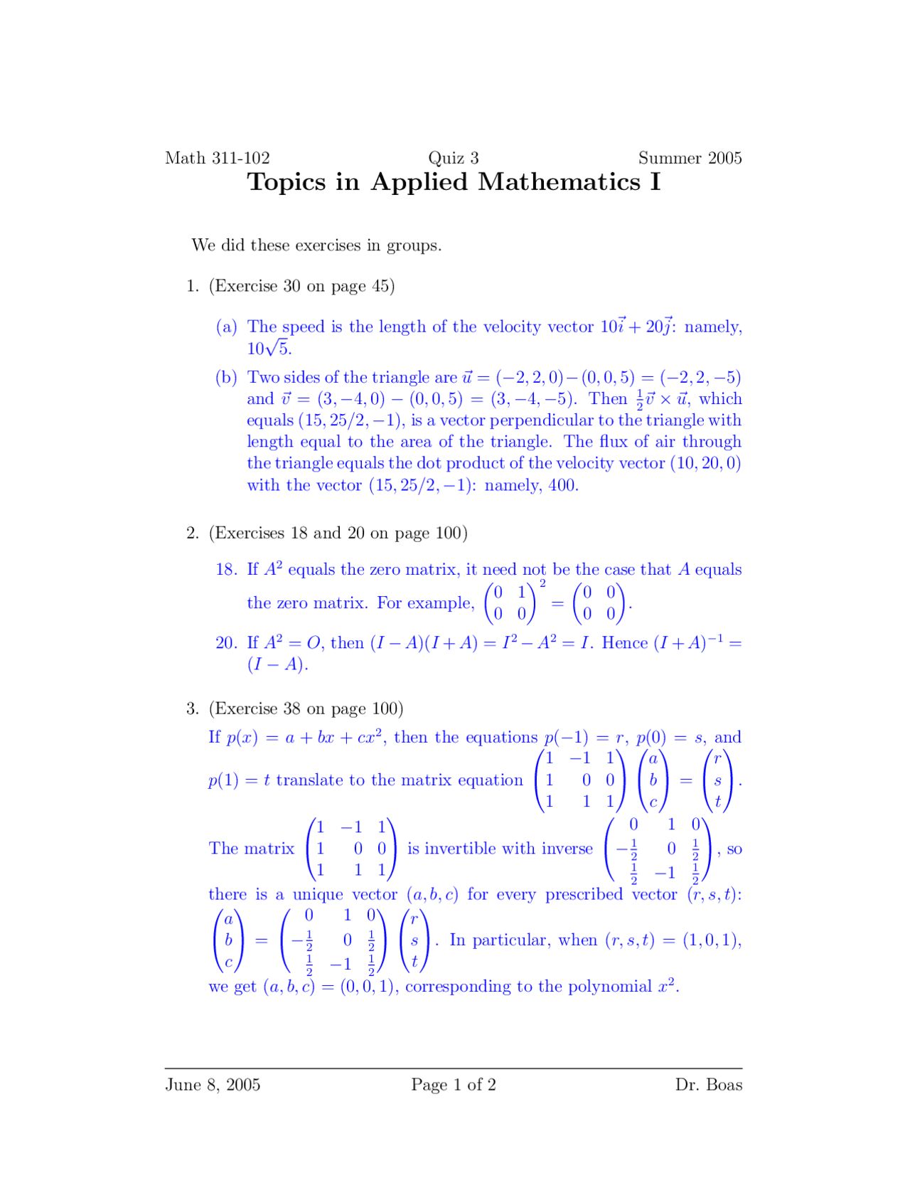 Quiz 3 With Solutions Topics In Applied Mathematics I Math 311