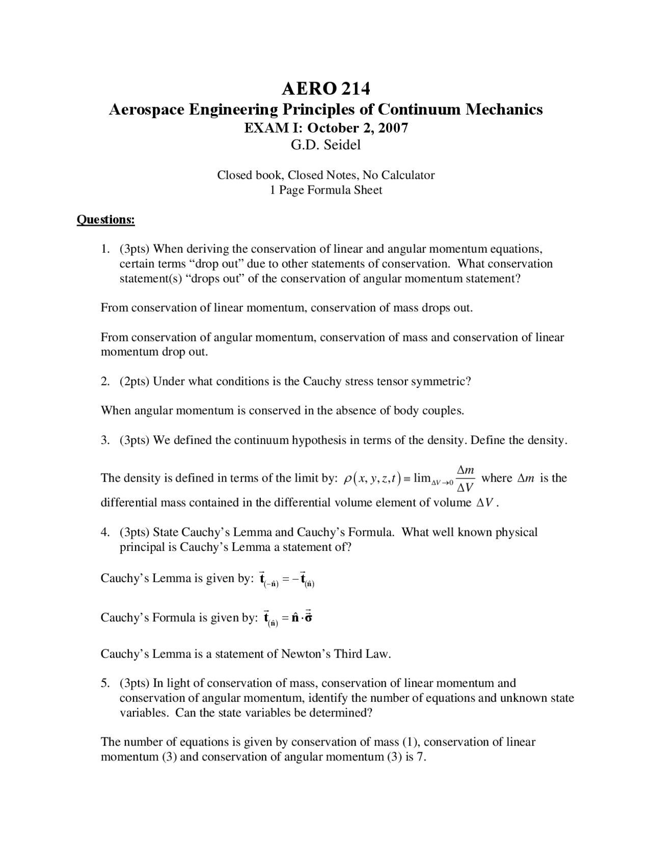 Exam # 1 - Aerospace Engineering Principles of Continuum Mechanics | AERO 214 - Docsity
