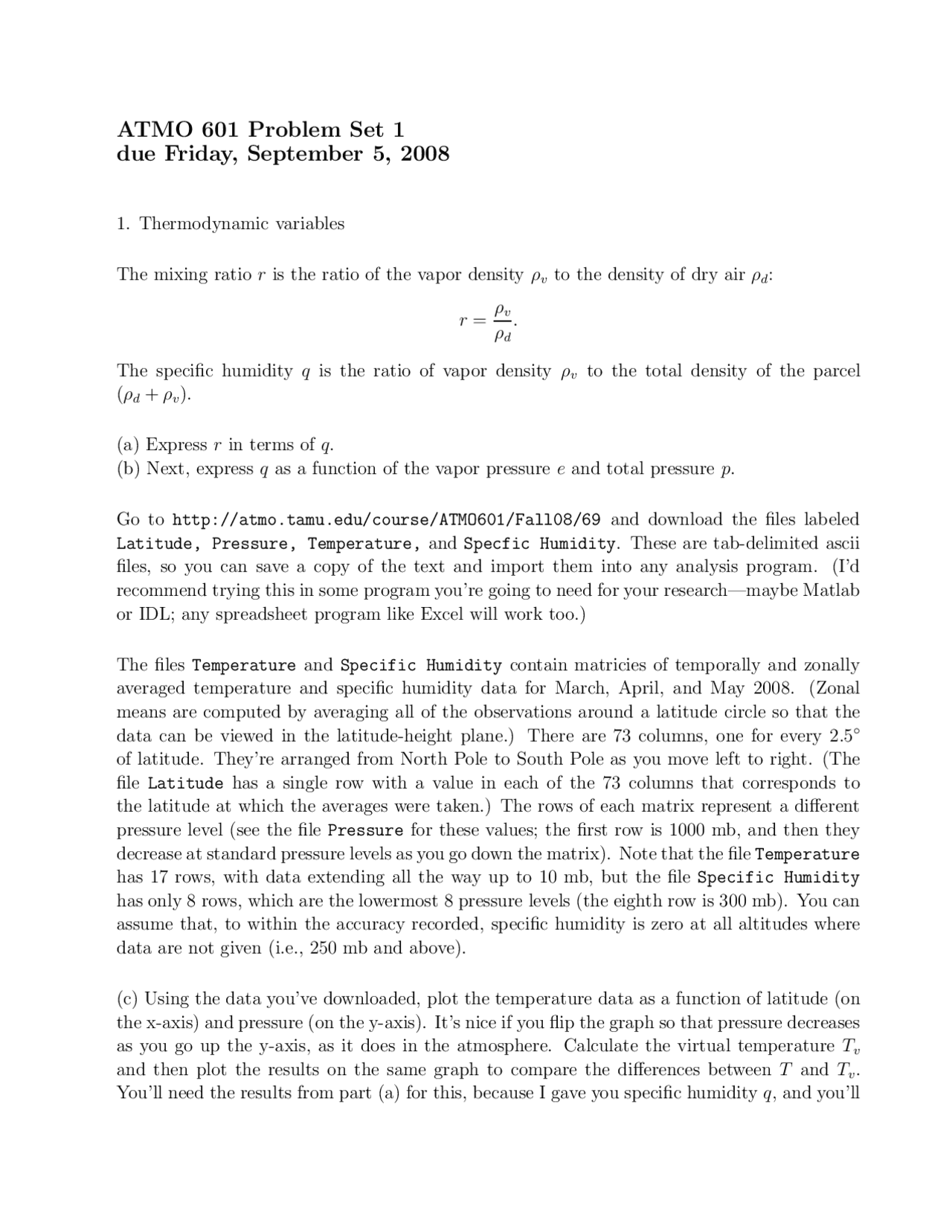 Problem Set 1 Fundamentals Of Atmospheric Dynamics Atmo 601 Docsity