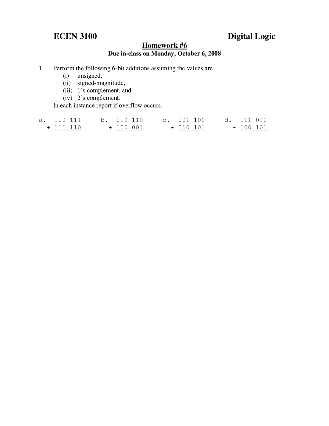 Homework 6 Questions Unsolved Digital Logic Ecen 3100 Docsity