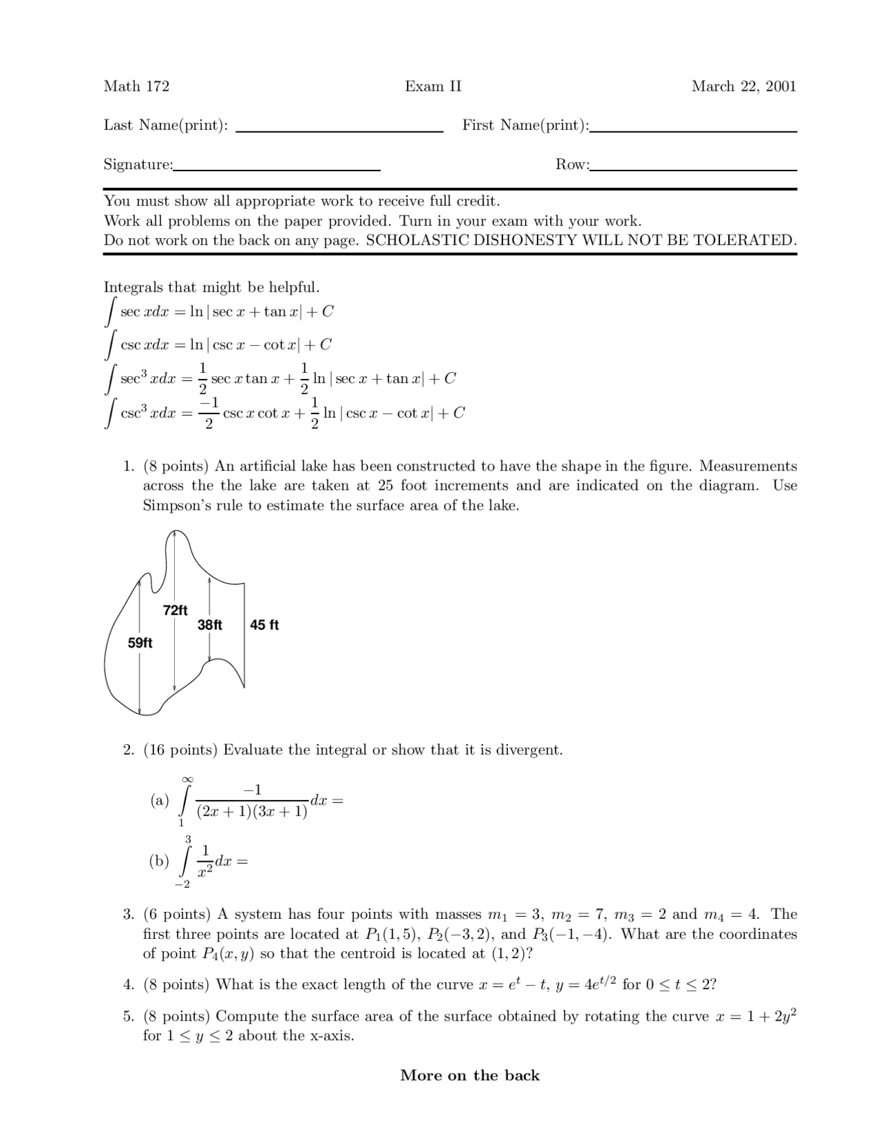 Exam 2 10 Questions Of Calculus Math 172 Docsity