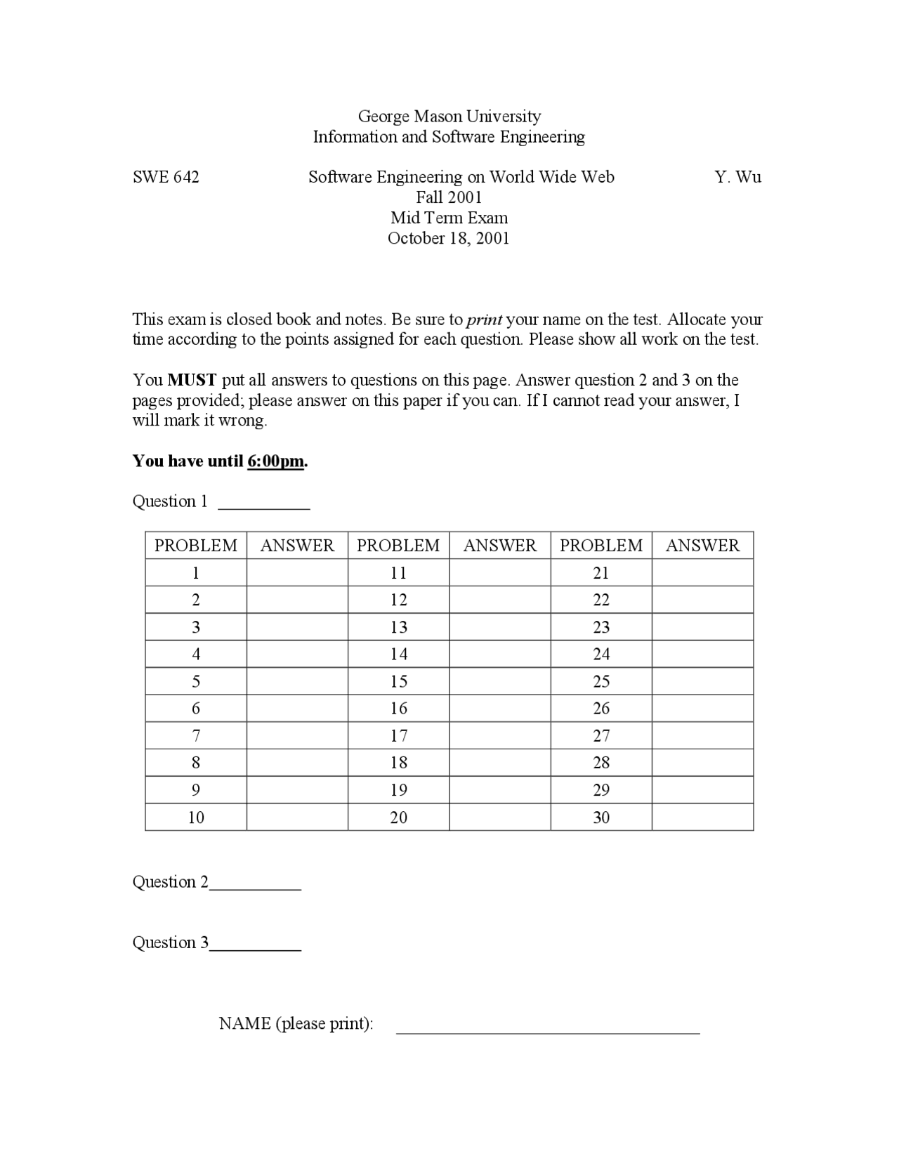 Midterm Exam Software Engineering 2001 Swe 642 Docsity