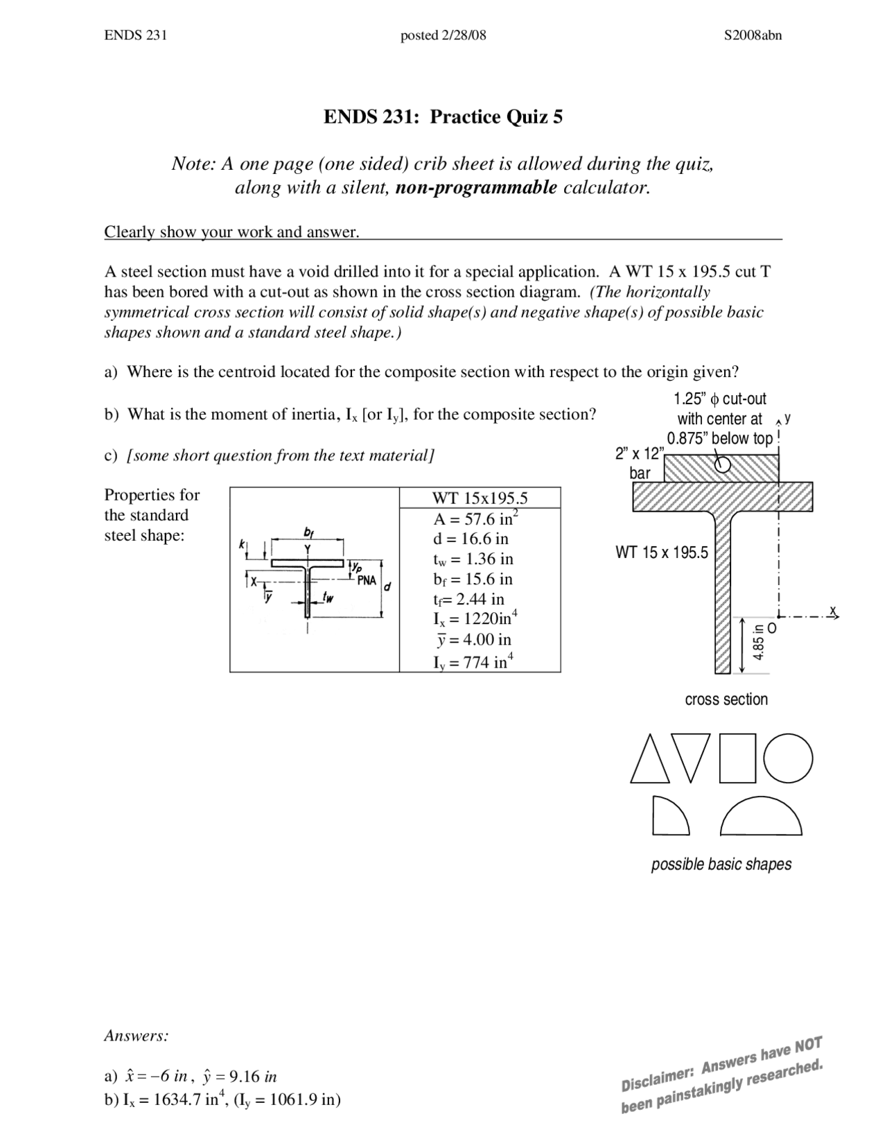 Architectural Structures I Solved Practice Quiz 5 Fall 2008 Ends
