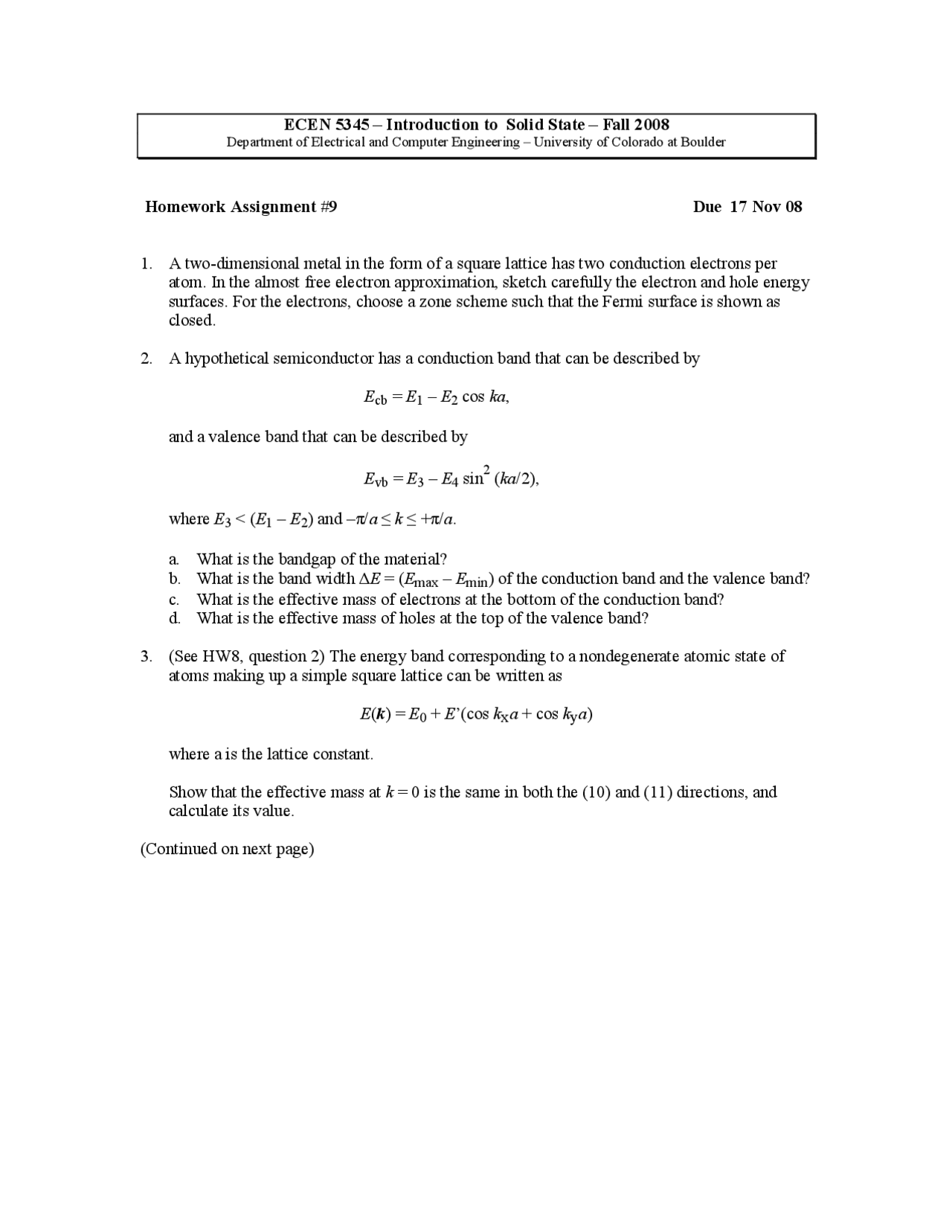 Homework Assignment 9 Questions Introduction To Solid State Ecen