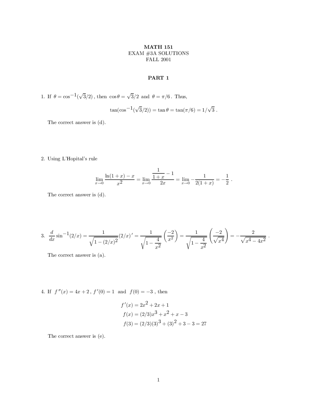 MATH 151 Exam Solutions - Fall 2001 | Exams Mathematics | Docsity