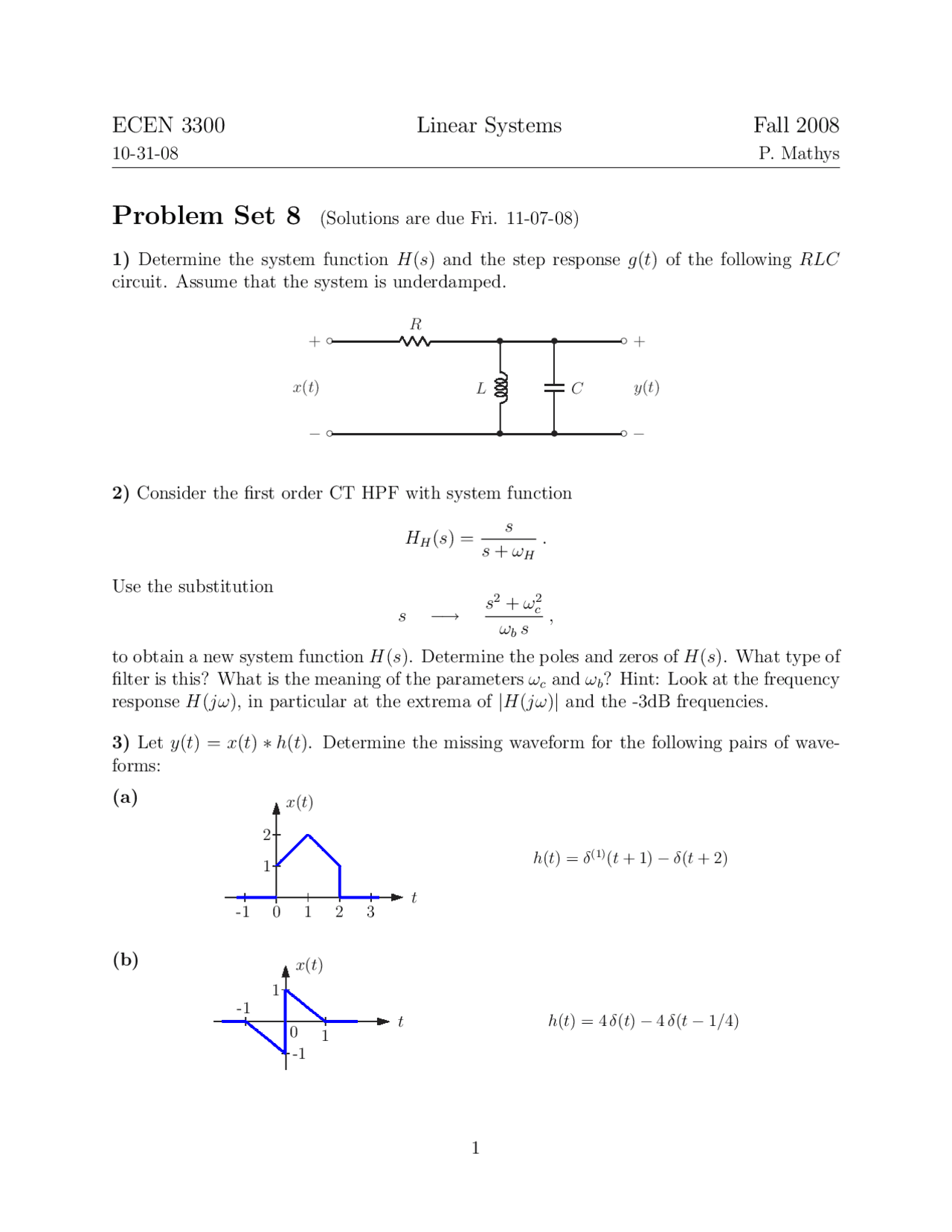 Linear Systems Problem Set 8 Ecen 3300 Docsity