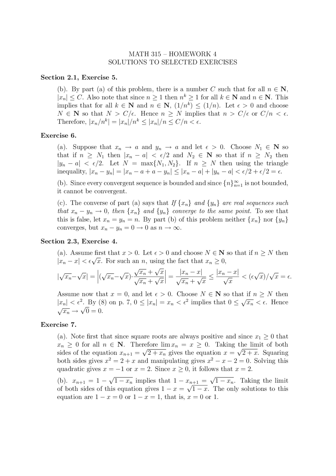 Solutions To Selected Exercises On Advanced Calculus I Homework 4 Math 315 Docsity