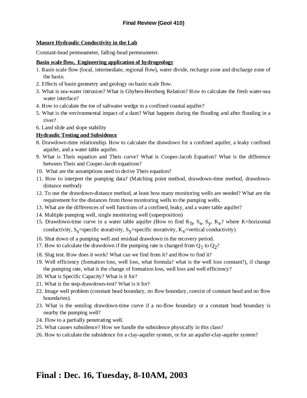 Scale Flow Final Review Hydrogeology Geol 410 Docsity