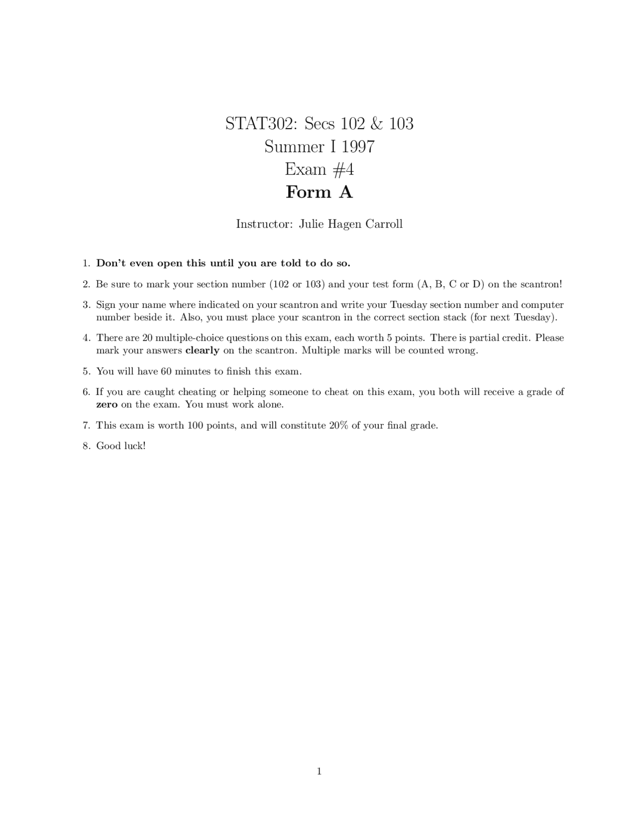 20 Multiple choice Questions - Examination 4 | STAT 302 | Exámenes ...