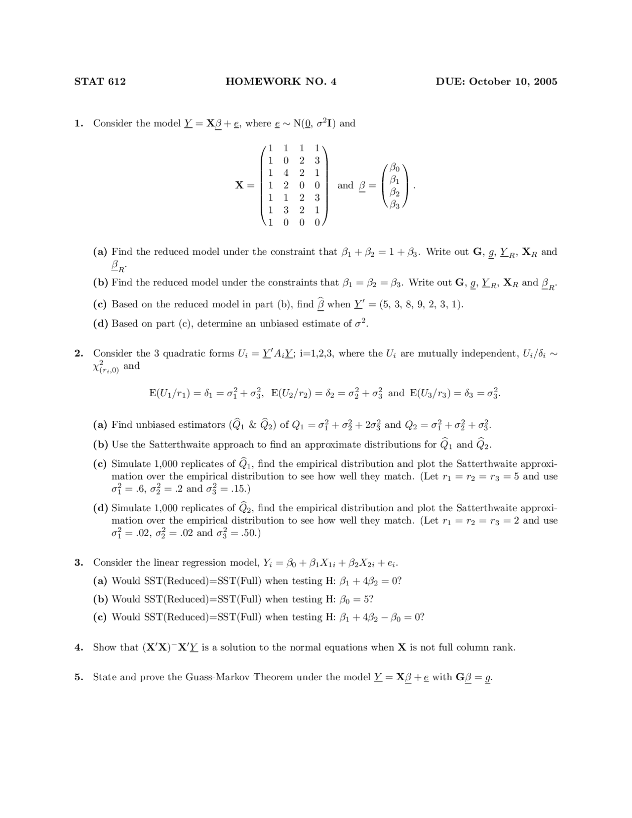 Homework 4 Theory Of Linear Models Stat 612 Docsity