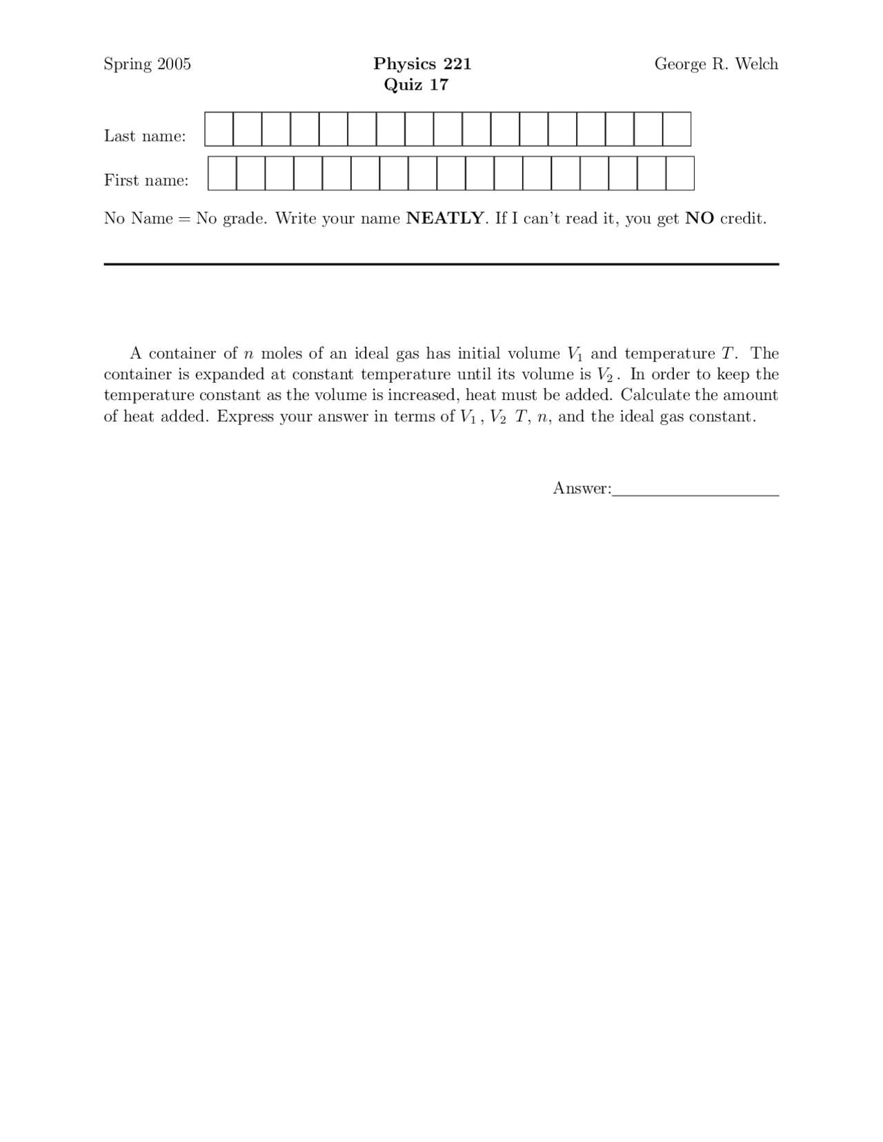 Notes On Optics And Thermal Physics Quiz 17 Fall 2005 Phys 221