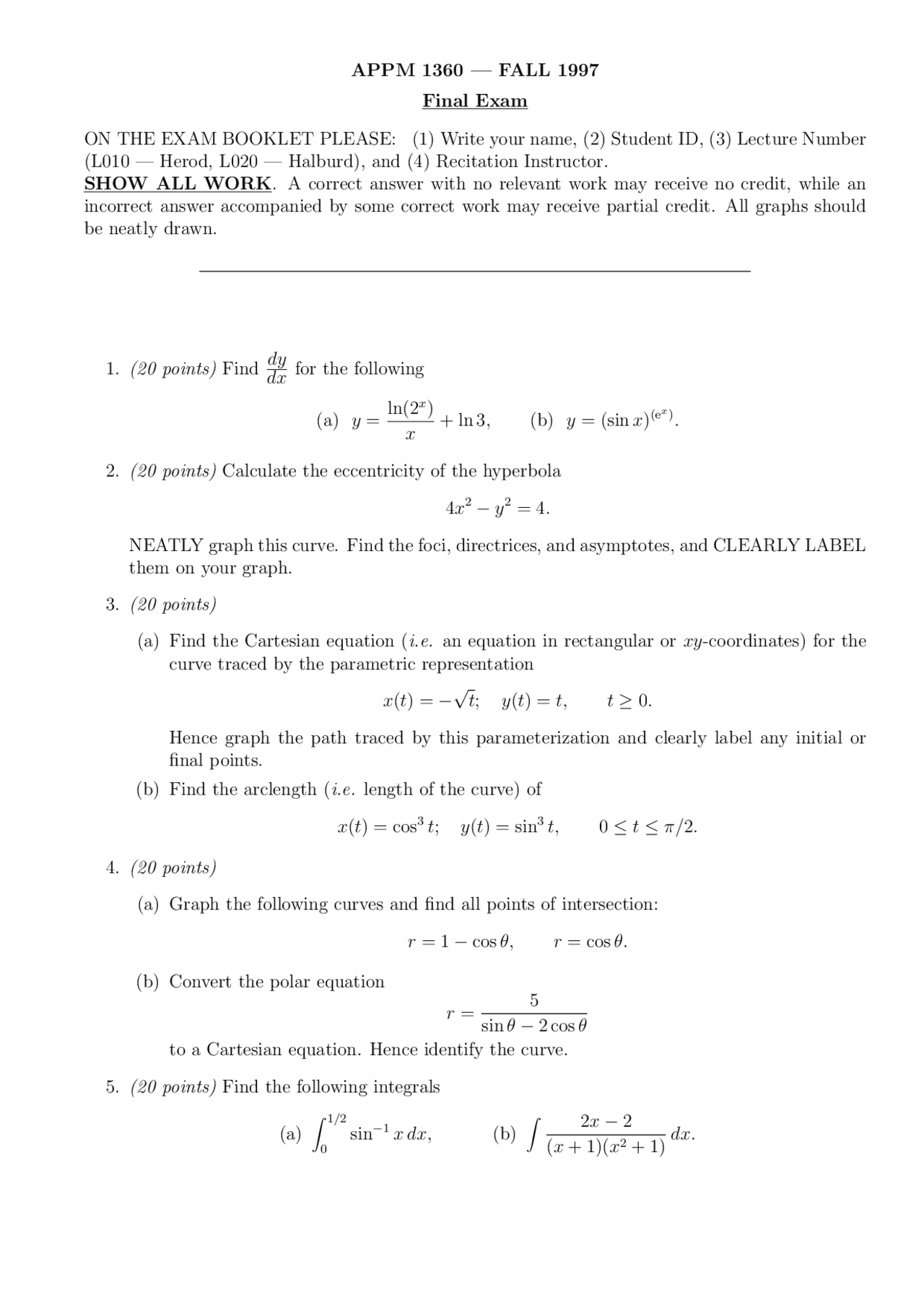 Past Final Exam On Calculus 1 For Engineers Fall 1997 Appm 1360