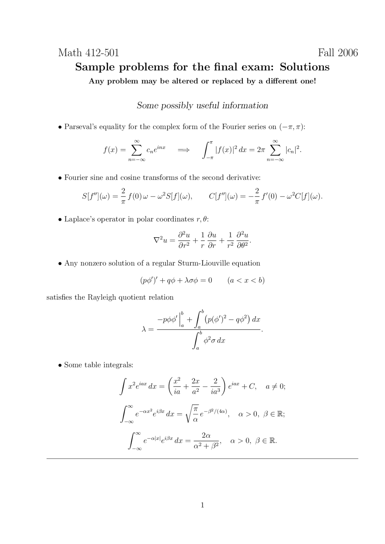 Sample Solved Problems On Theory Of Partial Equations Final Exam