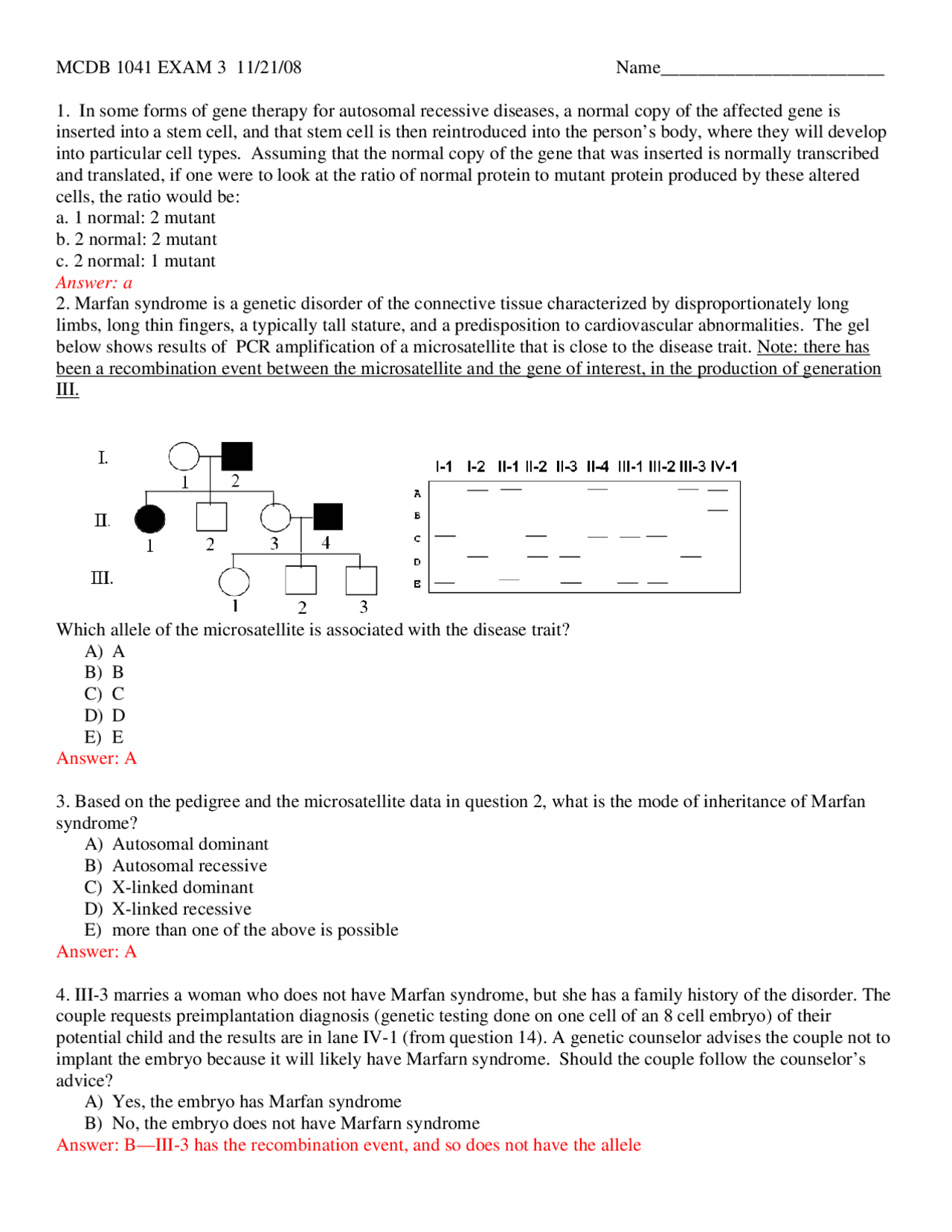 Exam 3 Questions With Answer Key Fundamentals Of Human Genetics