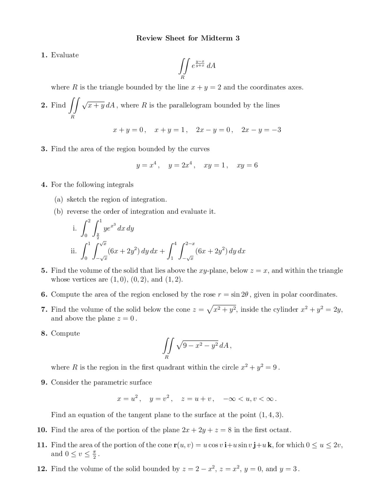 Review Sheet For Midterm 3 Analytical Geometry And Calculus 3 Math