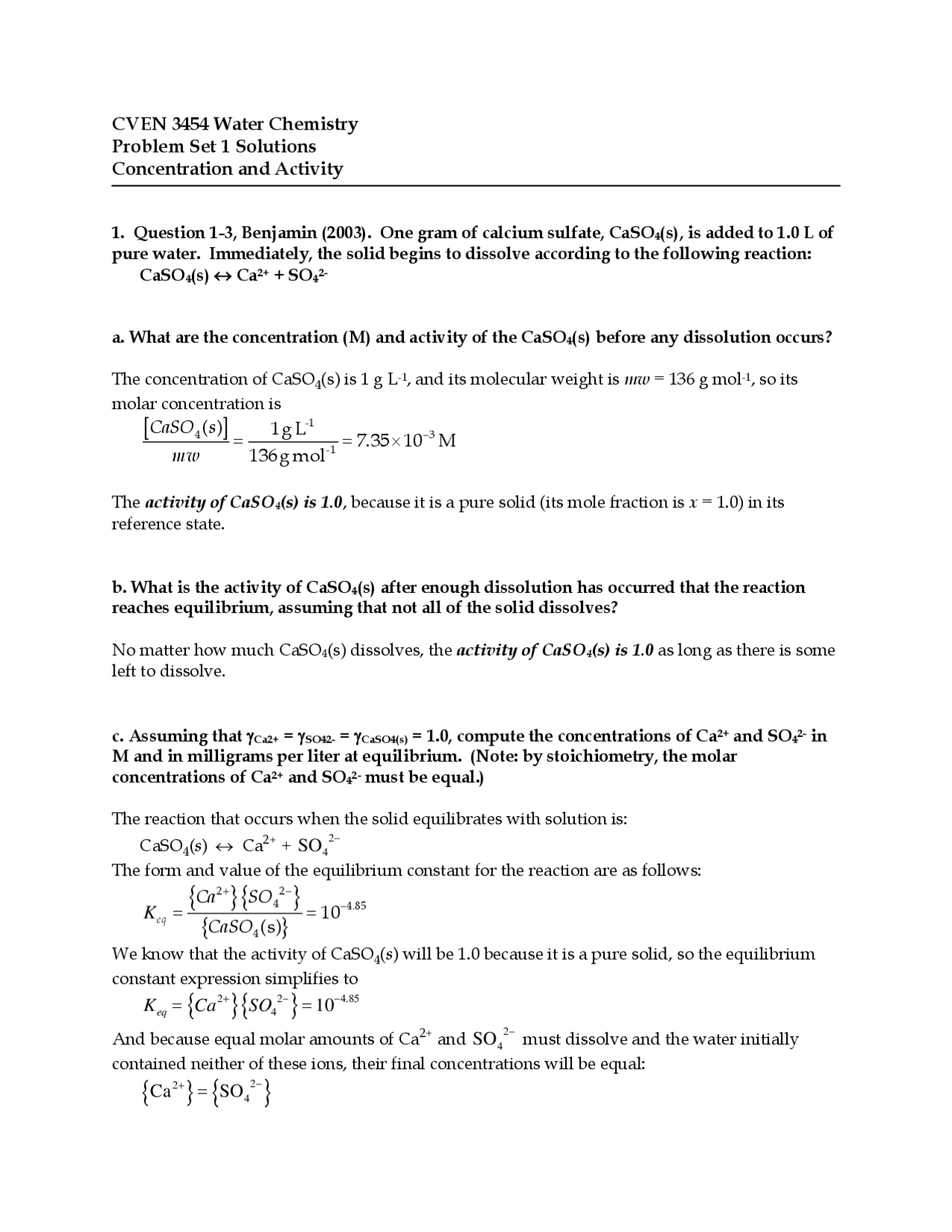 Questions With Solutions On Concentration And Activity Of Water