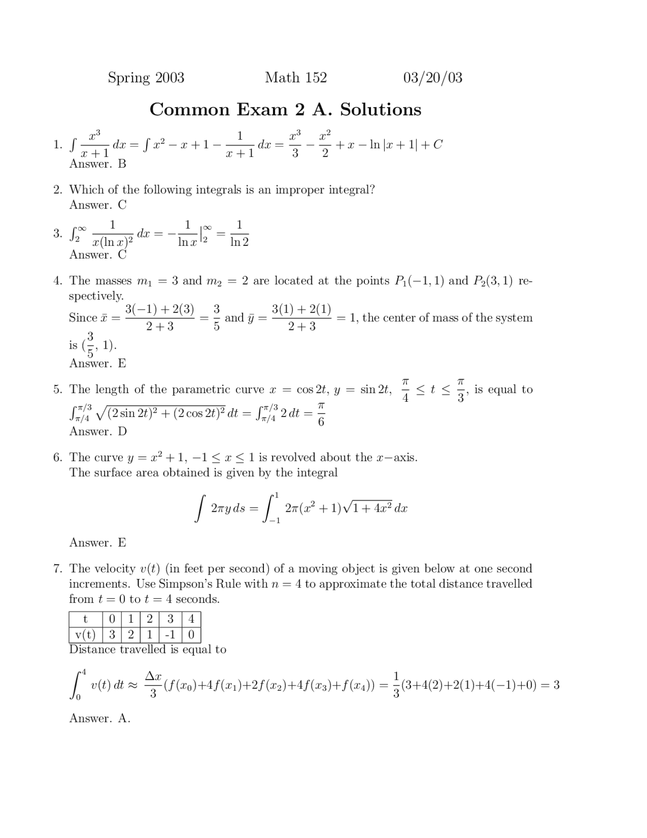 Exam 2 With Solution Honor Engineering Mathematics I Math 152 Docsity