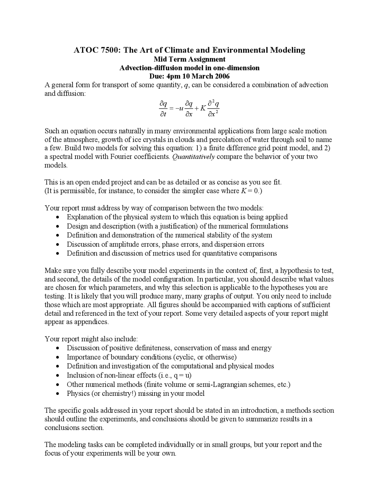 Advection Diffusion Model In One Dimension Midterm Assignment Atoc