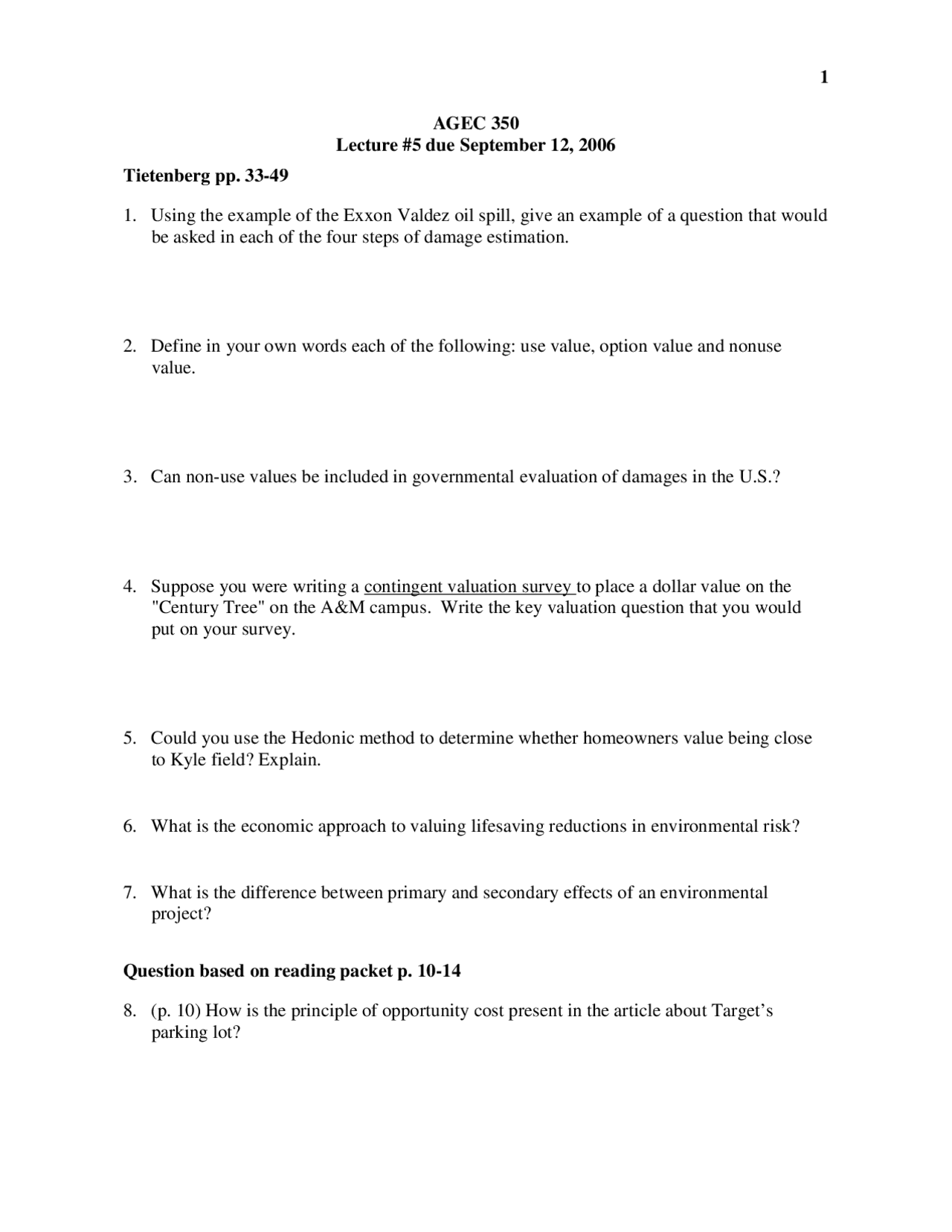 Economics Of Natural Resources And The Environment Assignment