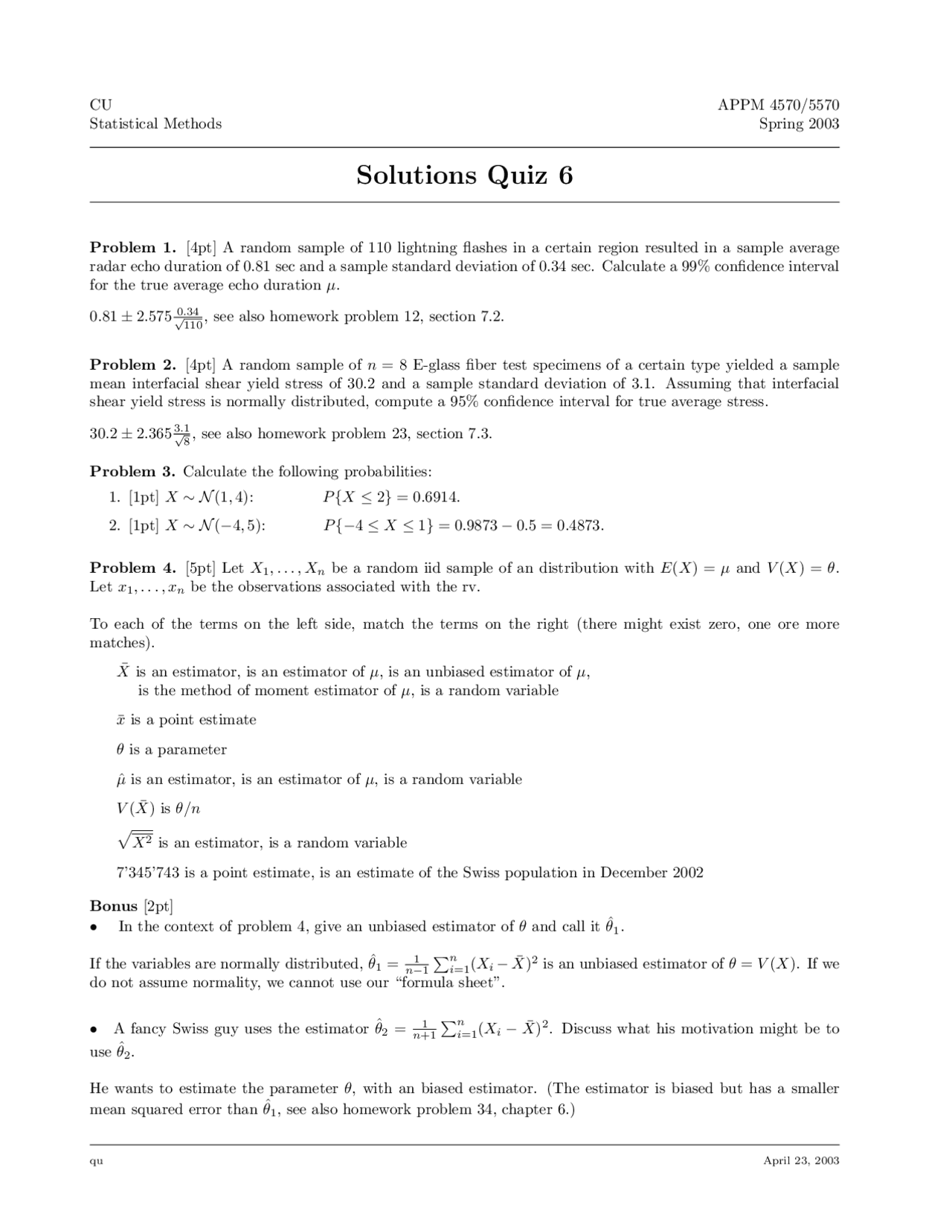 Quiz 6 Solutions Statistical Methods Appm 4570 Quizzes Data Analysis And Statistical Methods