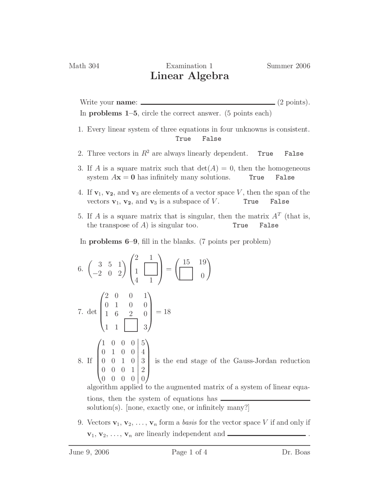 Linear Algebra with 12 Questions - Exam 1 | MATH 304 - Docsity